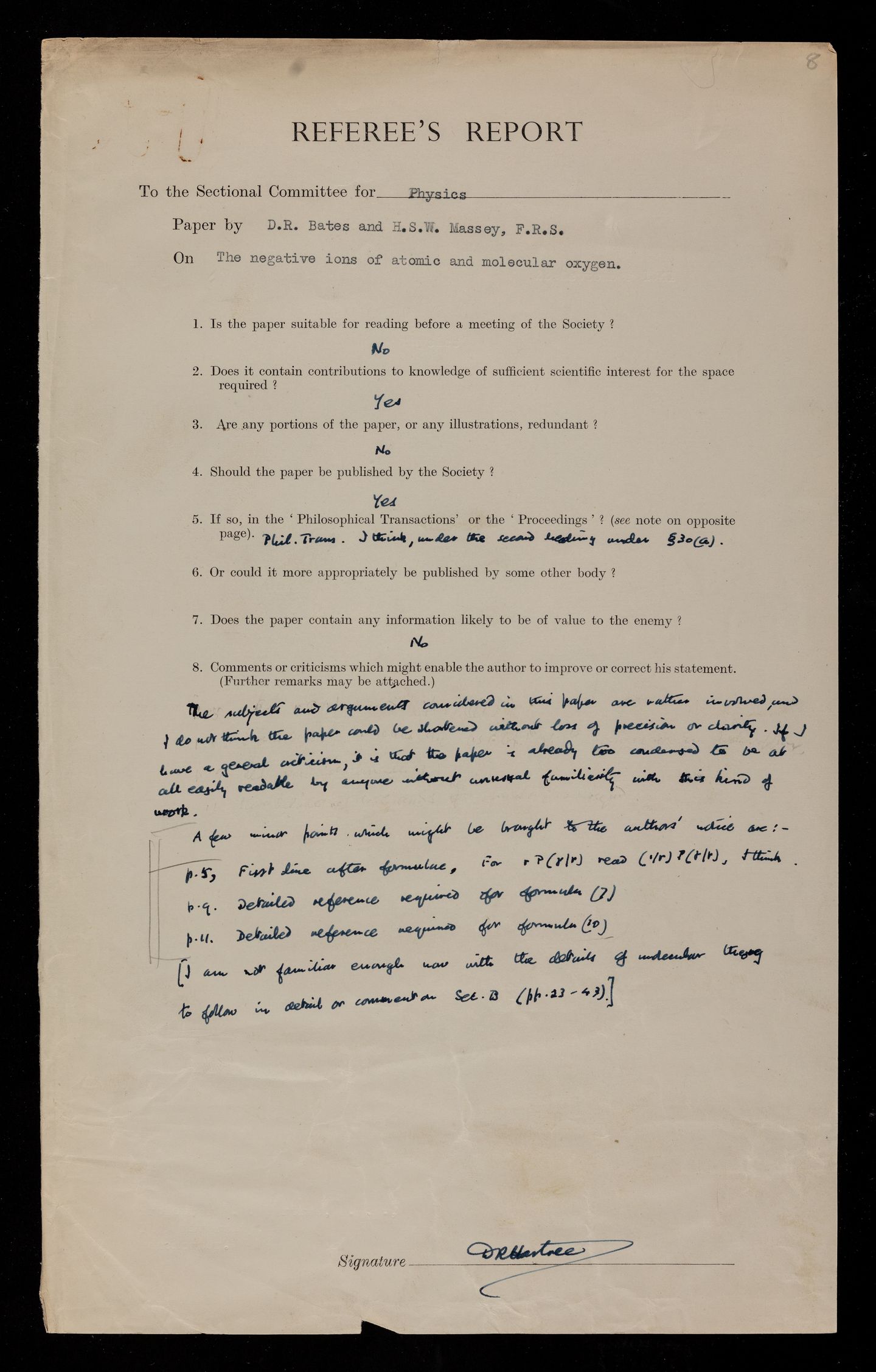 Referee's report by Douglas Rayner Hartree, on a paper 'The negative ions of atomic and ...