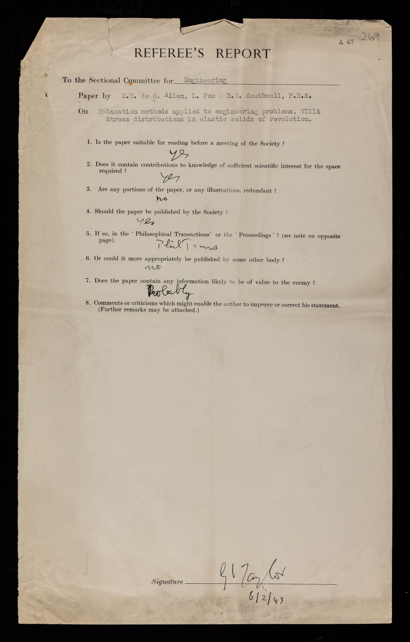 Referee's report by Geoffrey Ingram Taylor, on a paper 'Relaxation ...