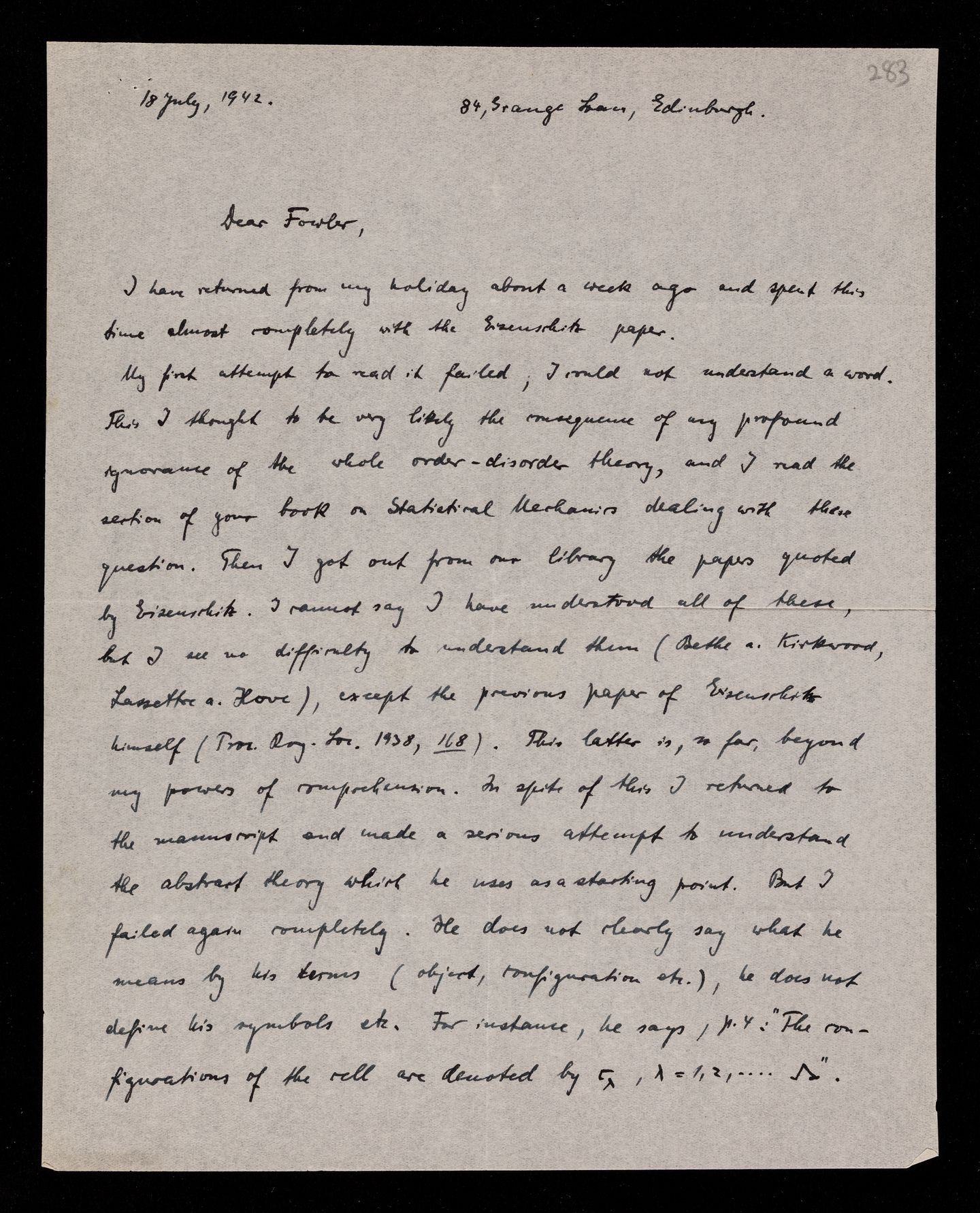 Letter from Max Born, to Ralph Howard Fowler, regarding two papers ...