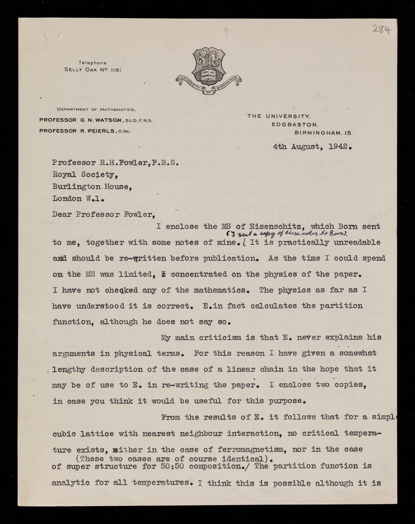 Letter from K Fuchs, to Ralph Howard Fowler, regarding two papers ...