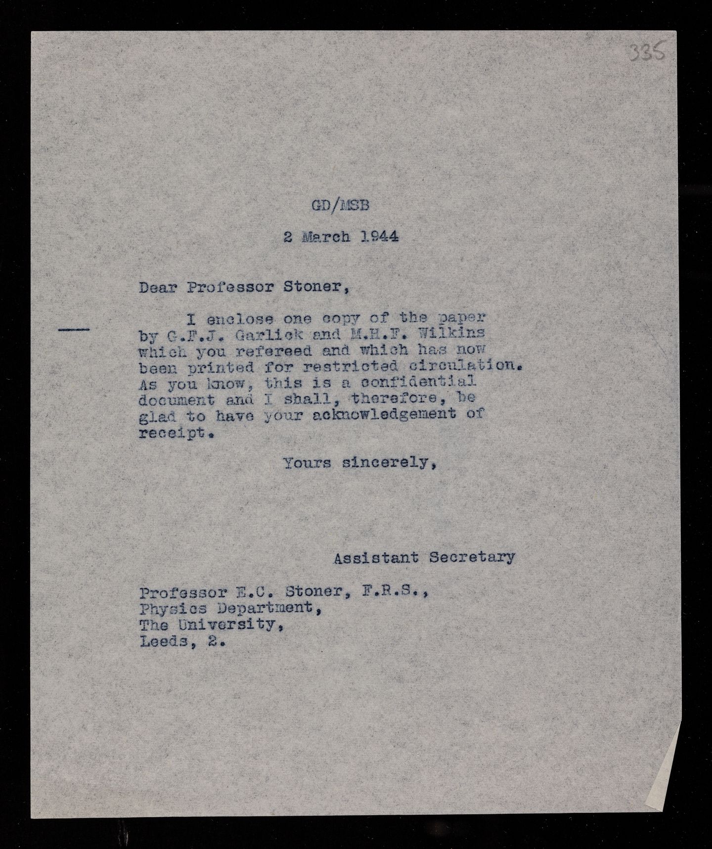 Letter to Edmund Clifton Stoner, regarding a paper 'Short period ...