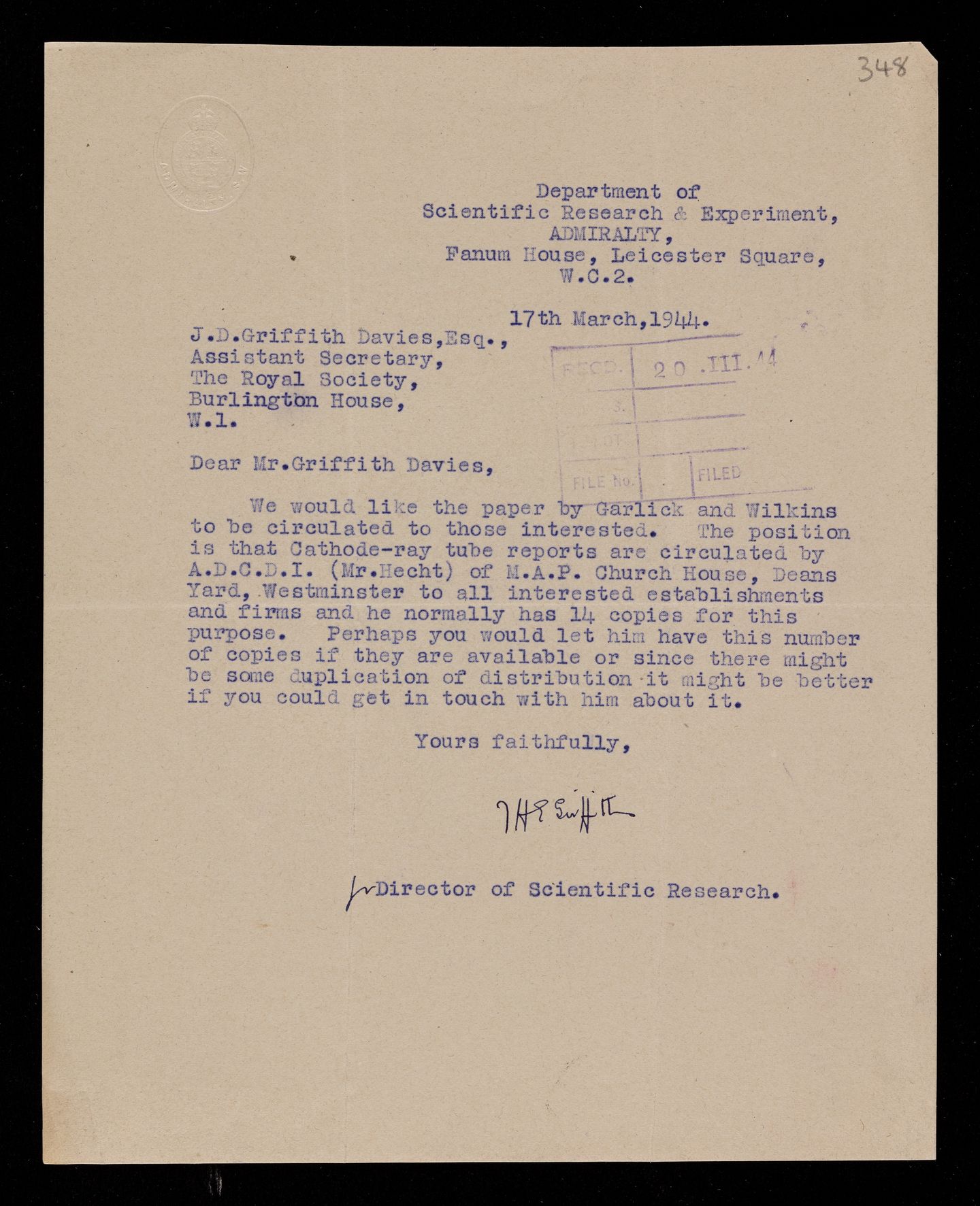 Letter from J H E Griffith, to John David Griffith Davies, regarding a ...