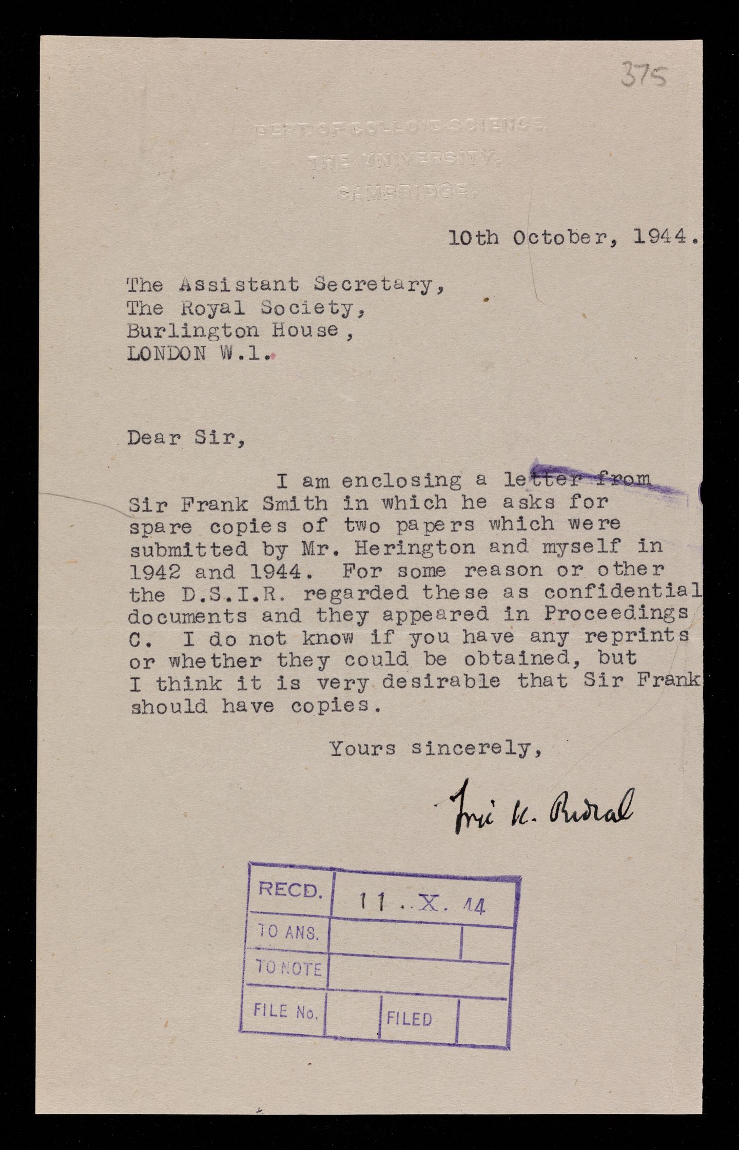Fourth letter from Eric Keightley Rideal, regarding a paper 'On the ...