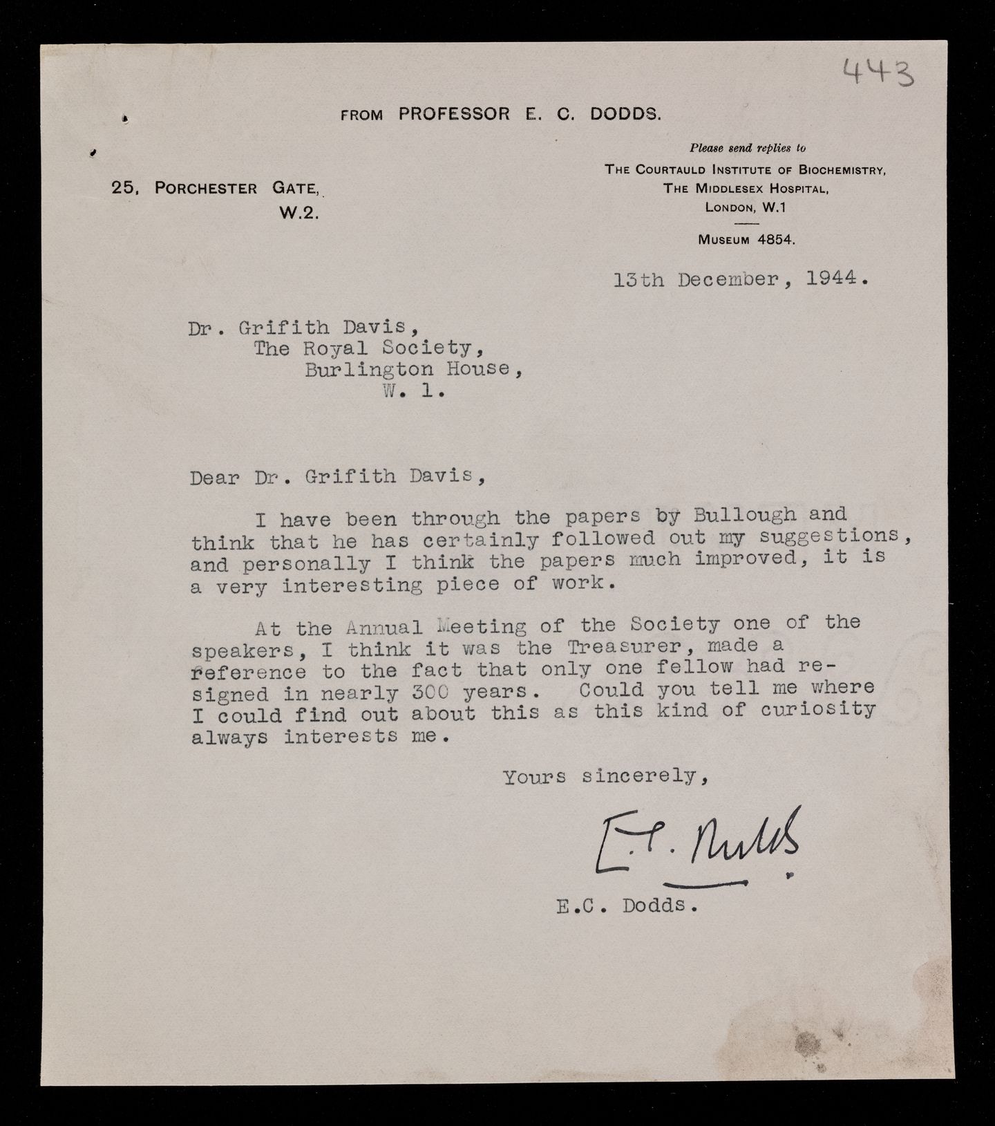 Second letter from Edward Charles Dodds, regarding a paper 'Mitotic ...