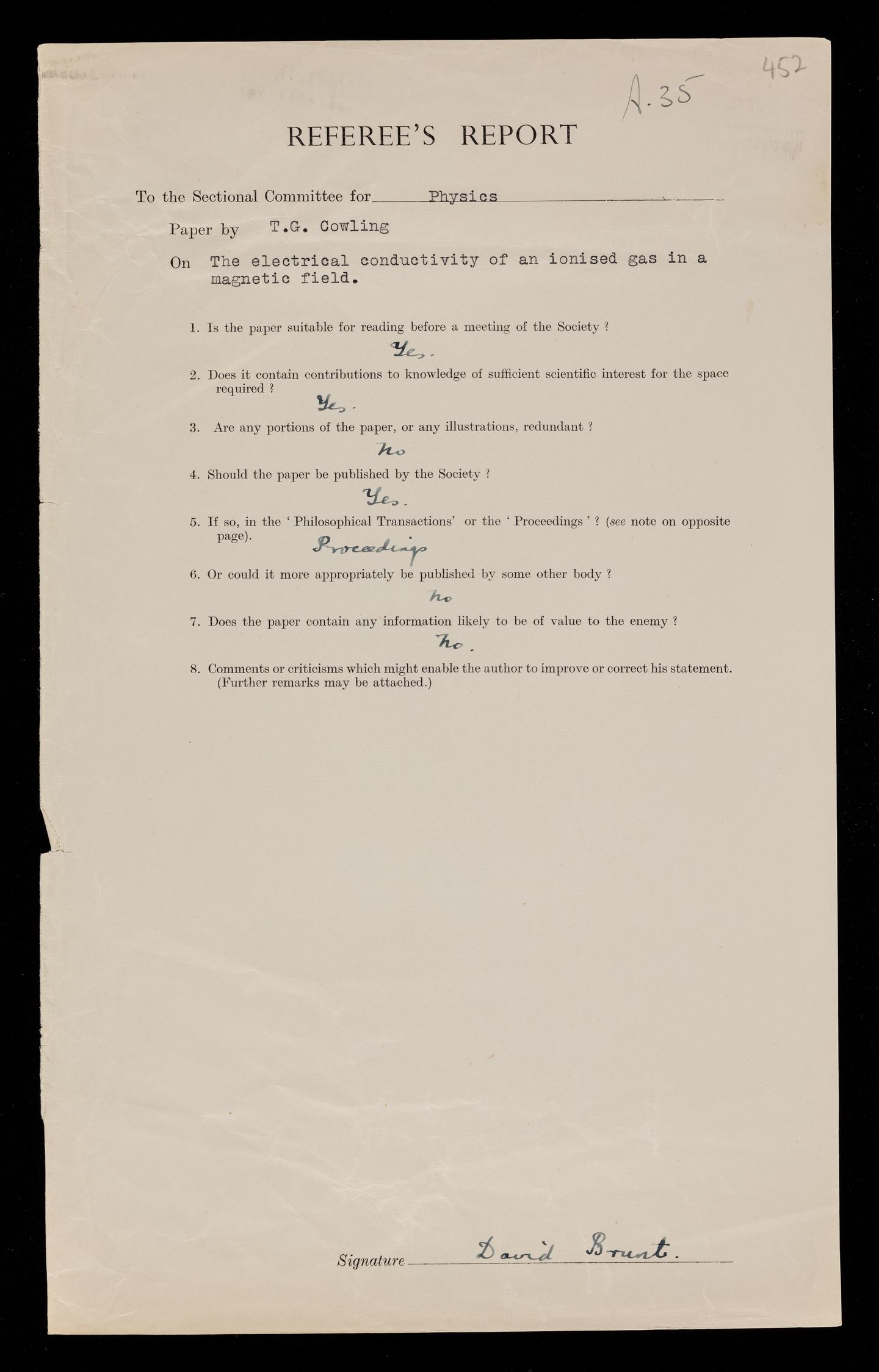 Referee's report by David Brunt, on a paper 'The electrical ...