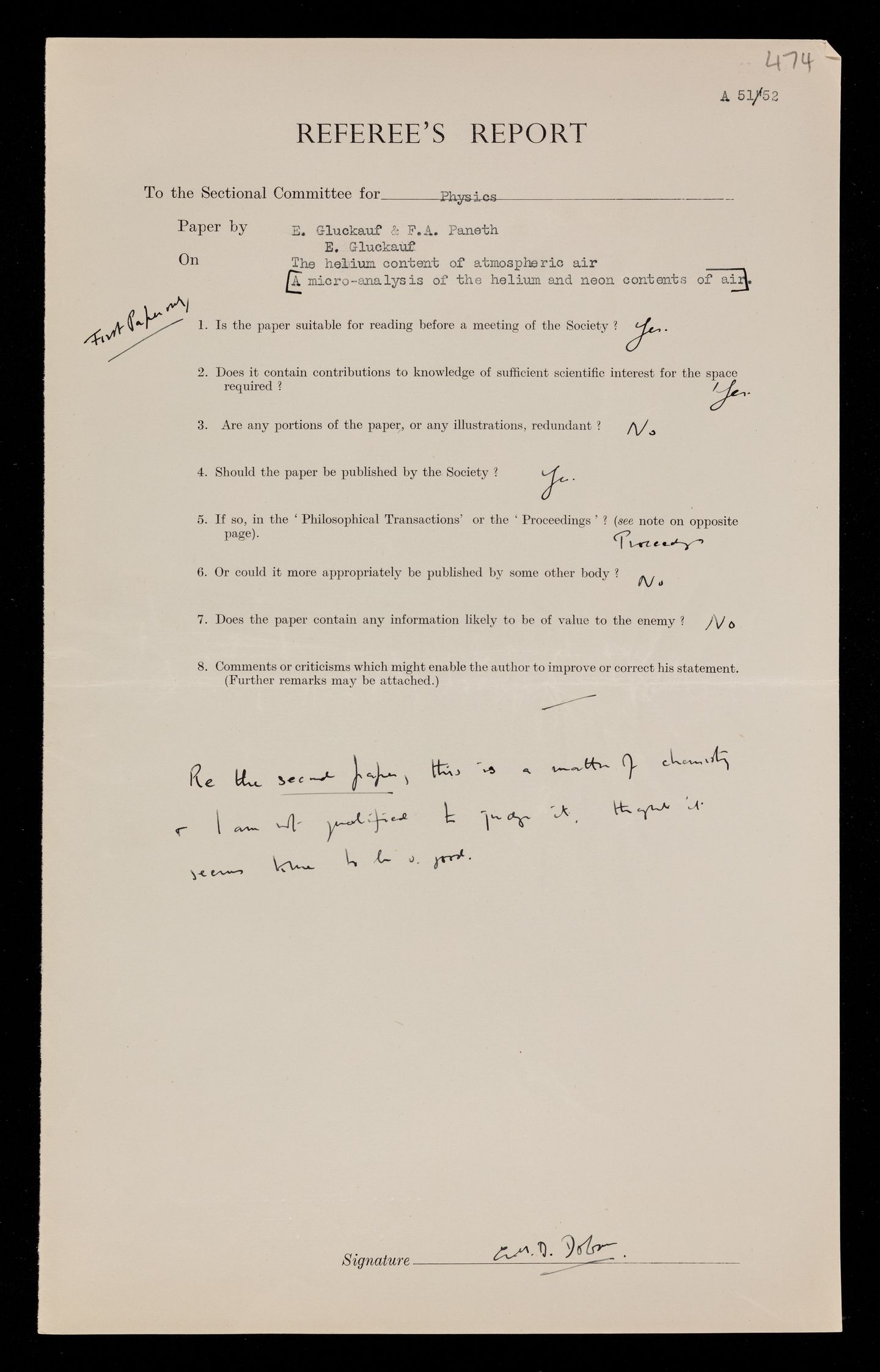 Referee's report by Gordon Miller Bourne Dobson, on two papers 'The ...