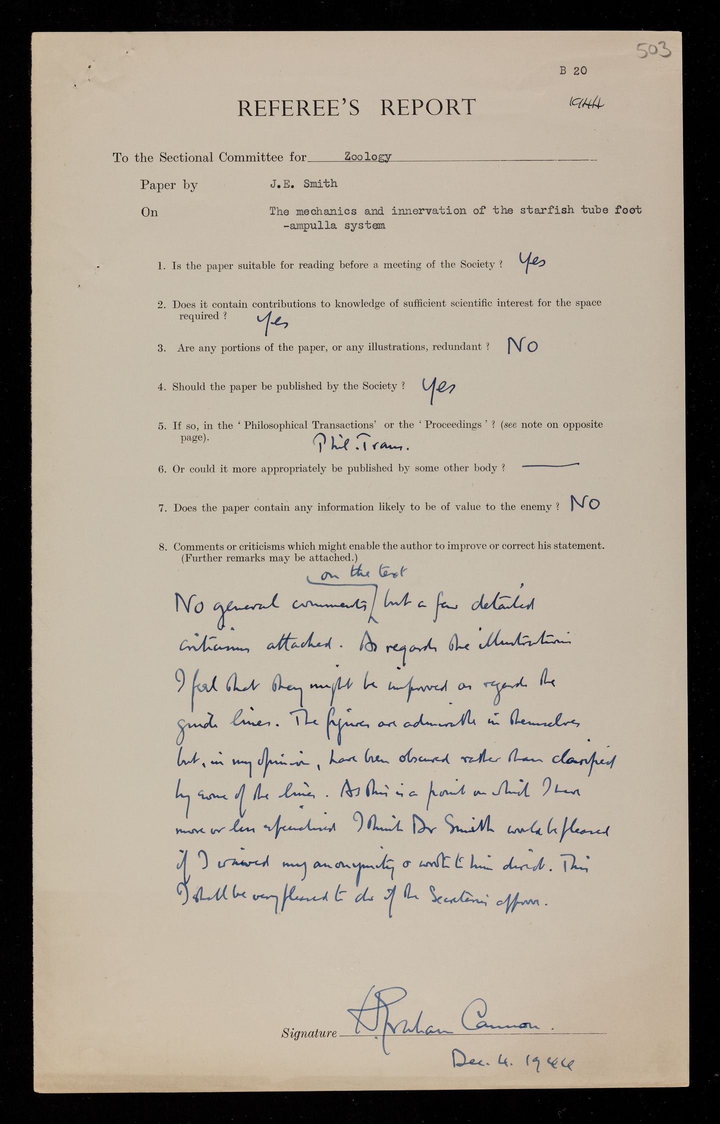 Referee's report by Herbert Graham Cannon, on a paper 'The mechanics and innervation of the ...
