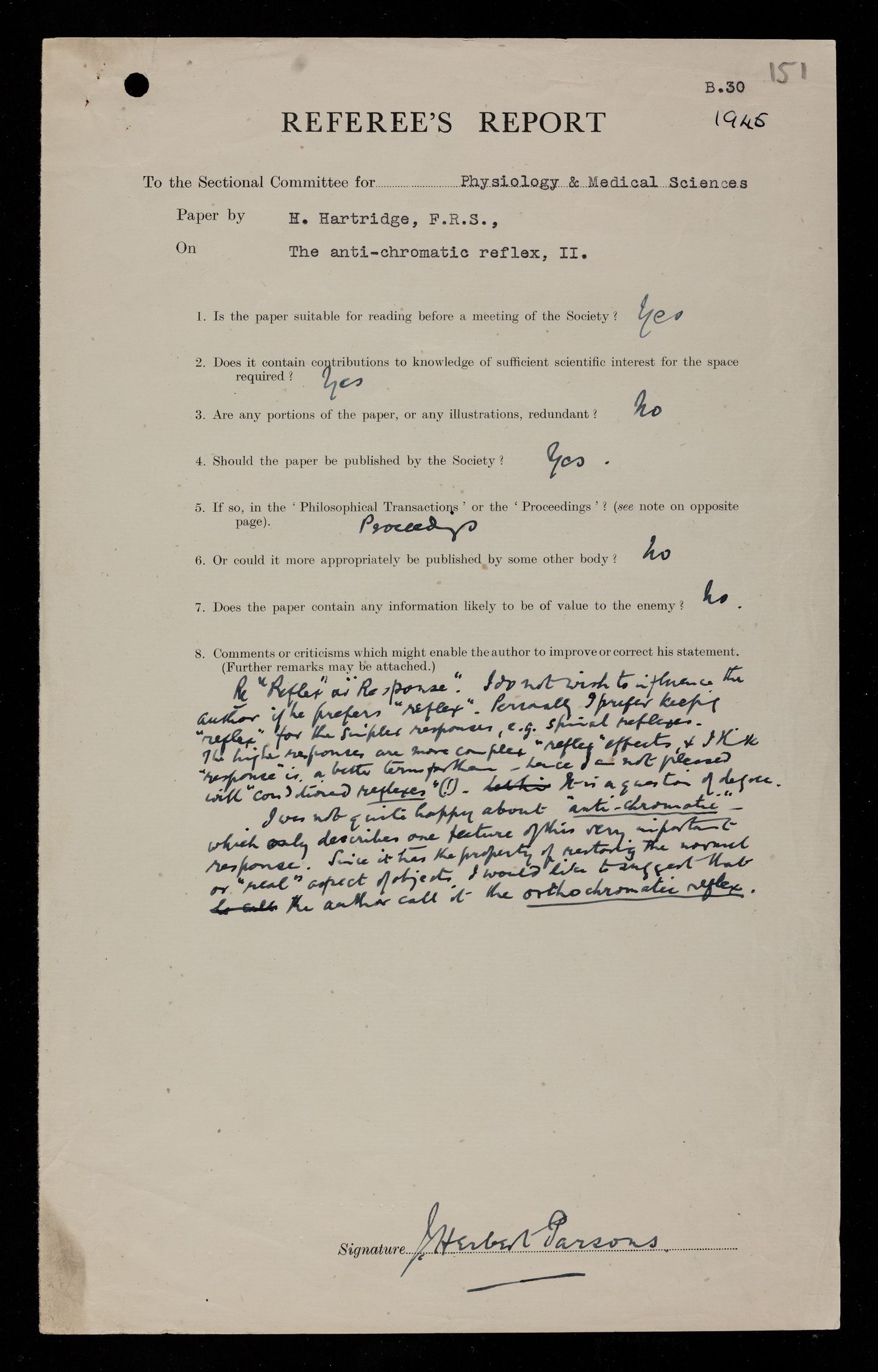 Referee's report by John Herbert Parsons, on a paper 'The anti-chromatic response, part II' by ...