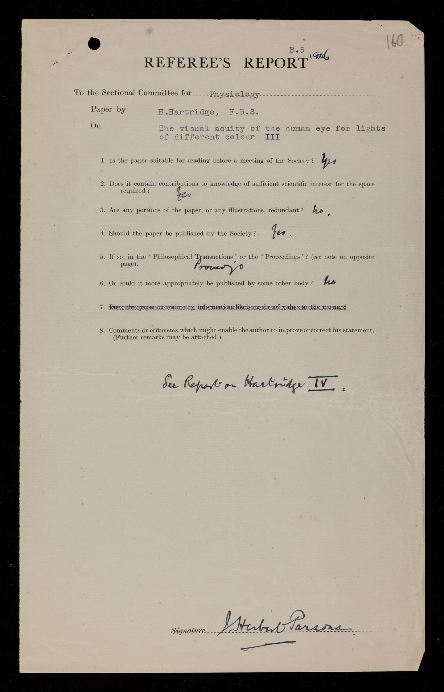 Referee's report by John Herbert Parsons, on a paper 'The visual acuity of the human eye for ...
