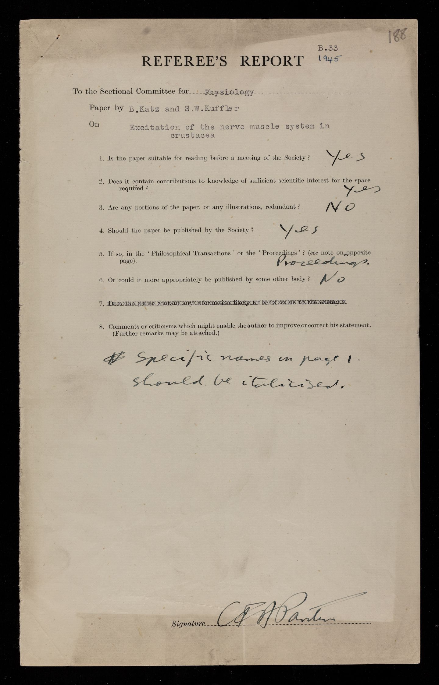 Referee's report by Carl Frederick Abel Pantin, on a paper 'Excitation ...