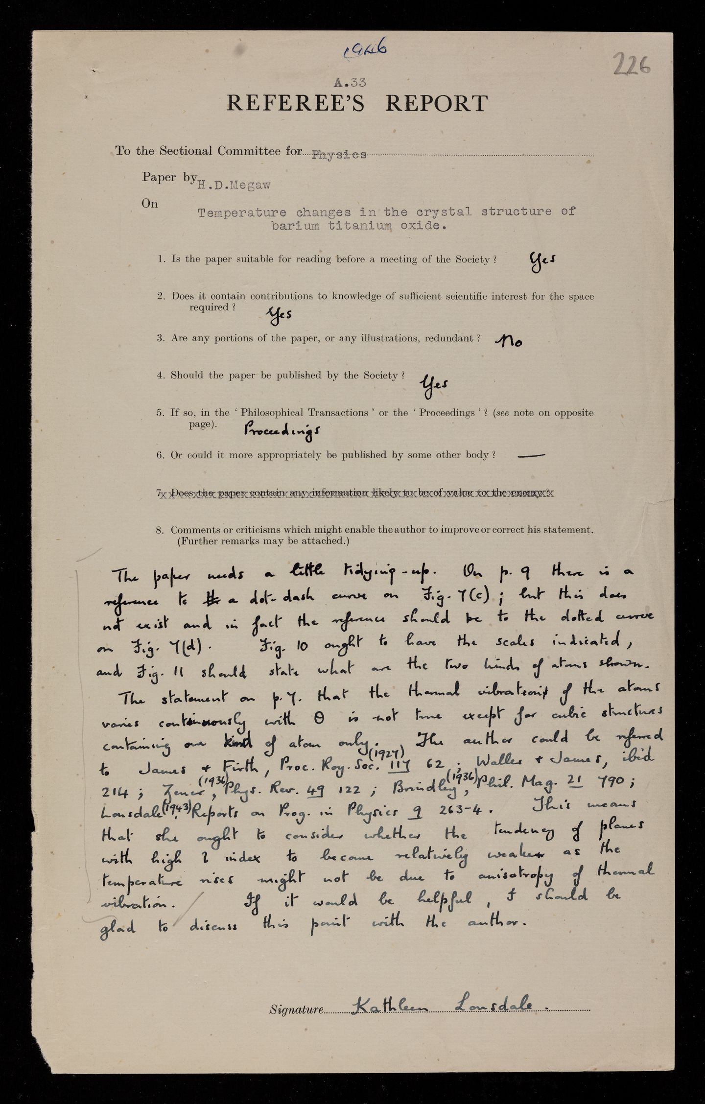 Referee's report by Kathleen Yardley Lonsdale, on a paper 'Temperature ...