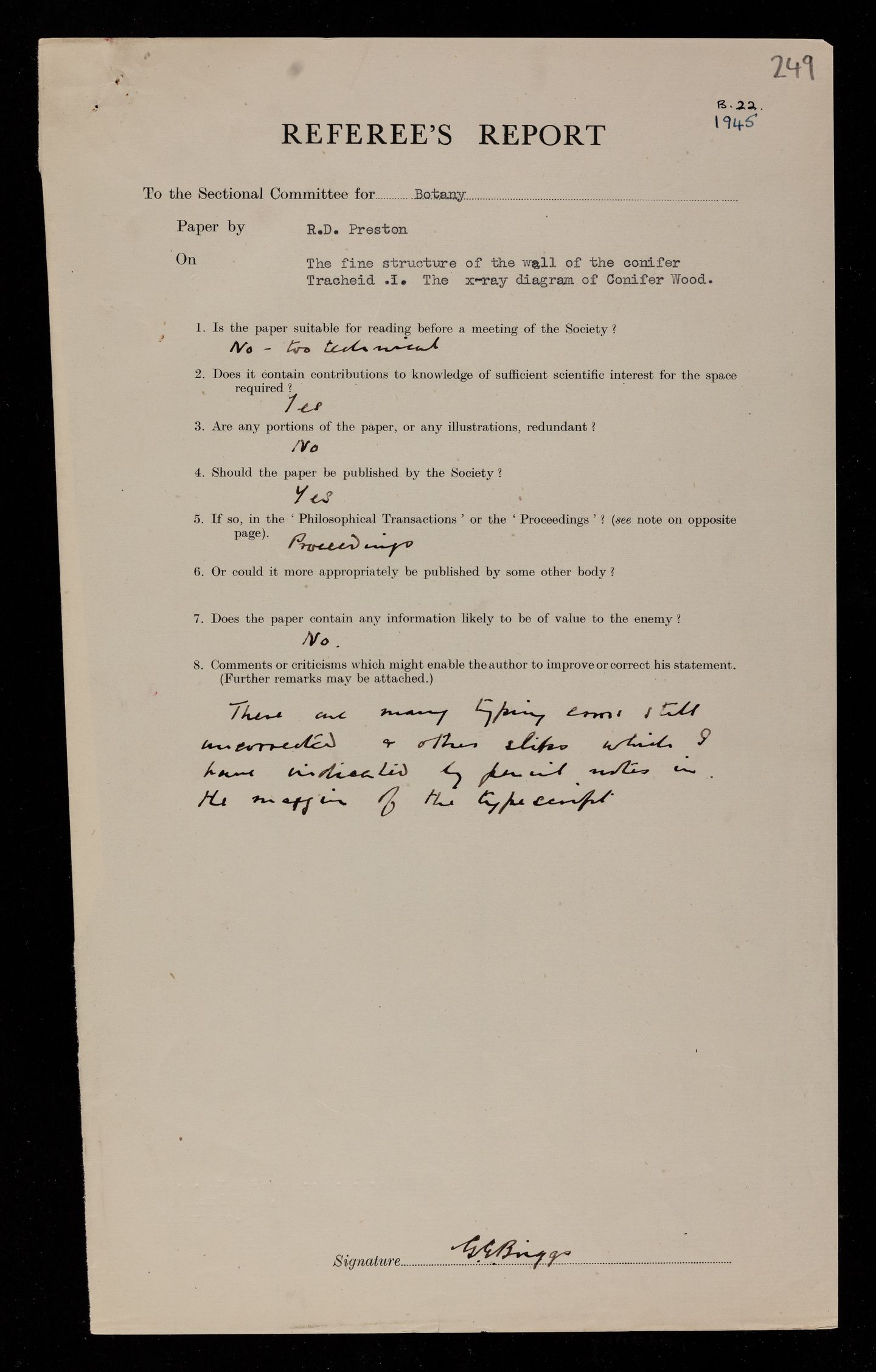 Referee's report by George Edward Briggs, on a paper 'The fine ...