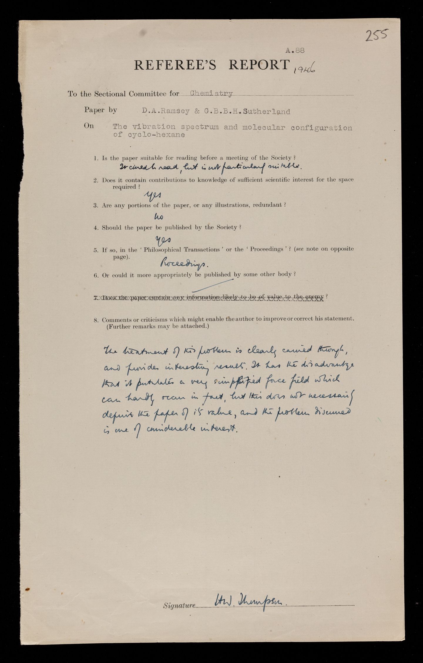 Referee's report by Harold Warris Thompson, on a paper 'The vibration ...
