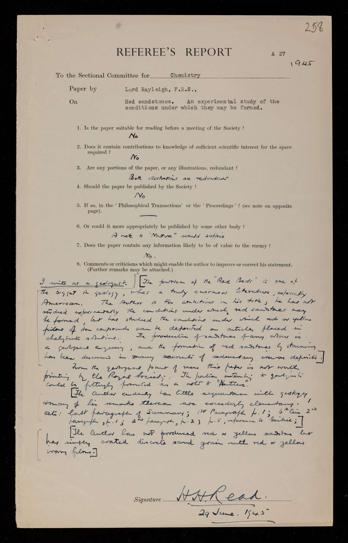 Referee's report by Herbert Harold Read, on a paper 'Red sandstones. An experimental study of ...
