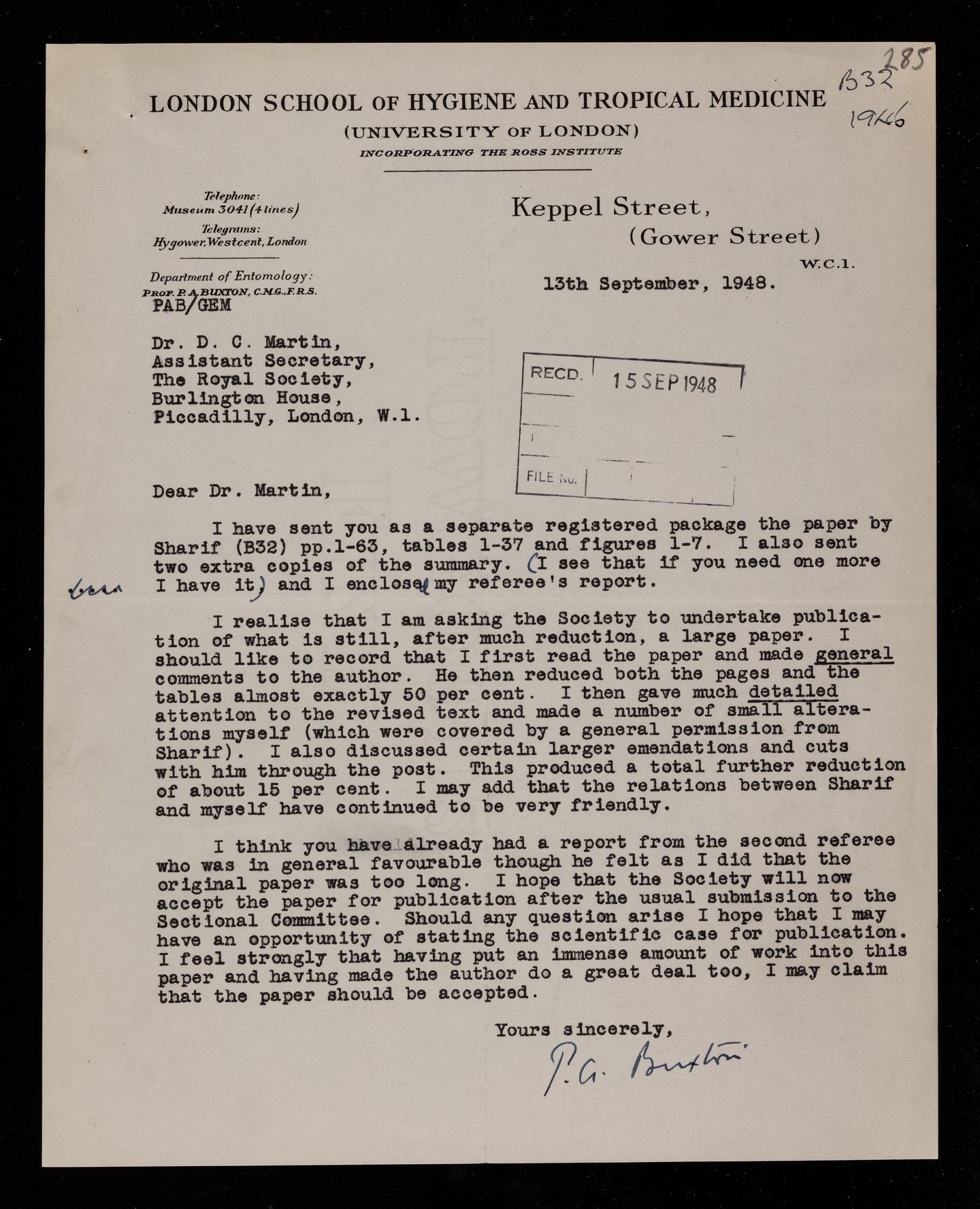 Letter from Patrick Alfred Buxton, on a paper 'Effects of constant ...