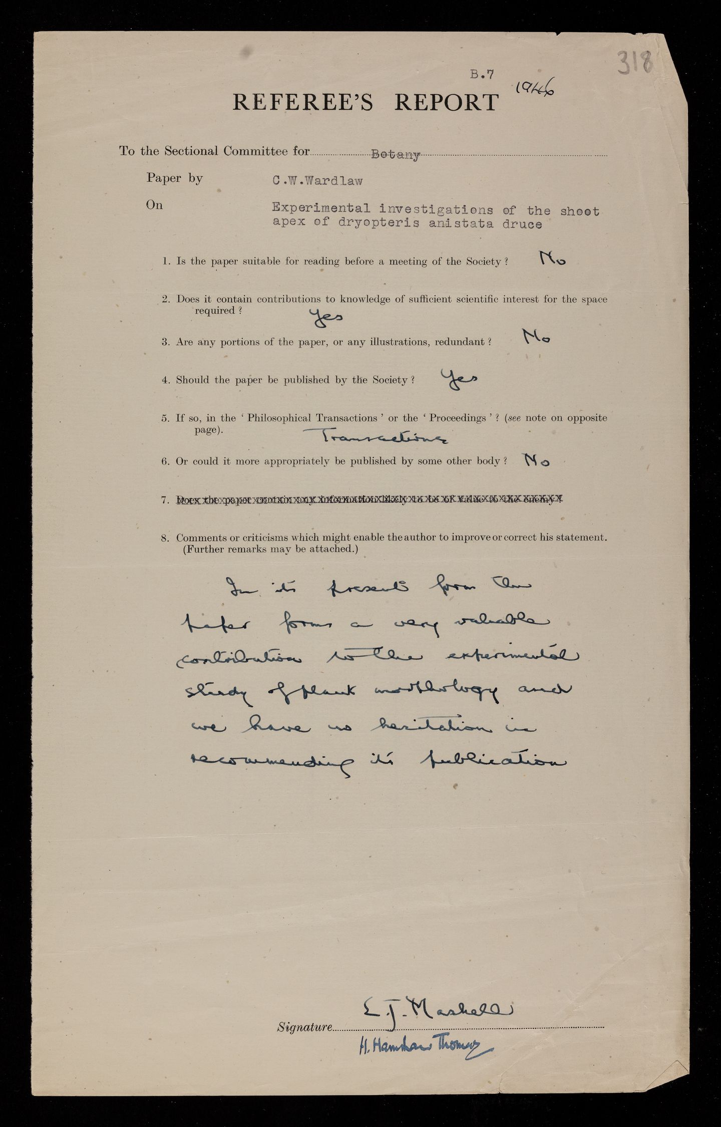 Second referee's report by E J Marshall and Hugh Hamshaw Thomas, on a ...