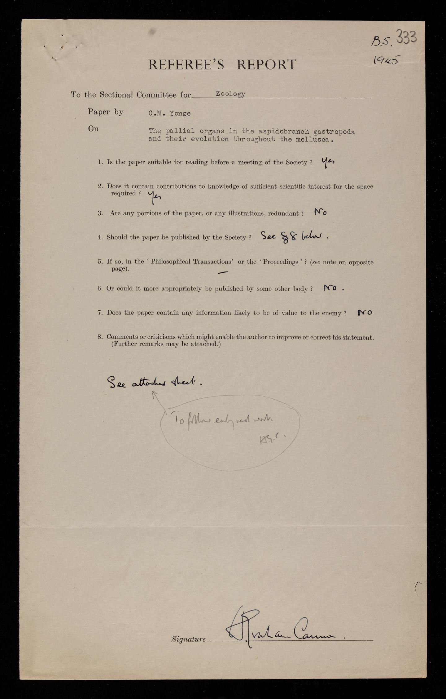 Referee's report by Herbert Graham Cannon, on a paper 'The pallial organs in the aspidobranch ...