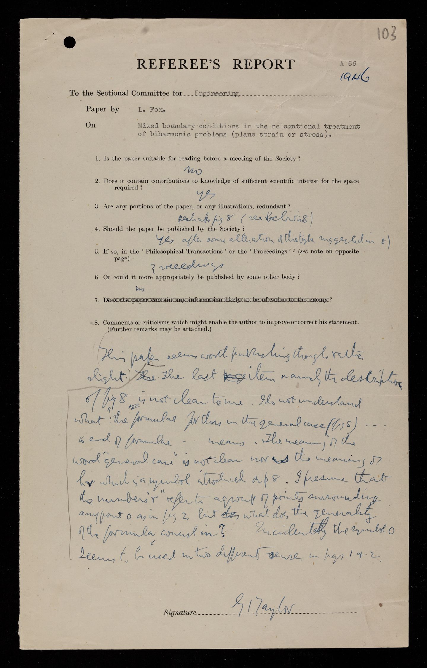 Referee's report by Geoffrey Ingram Taylor, on a paper 'Mixed boundary ...