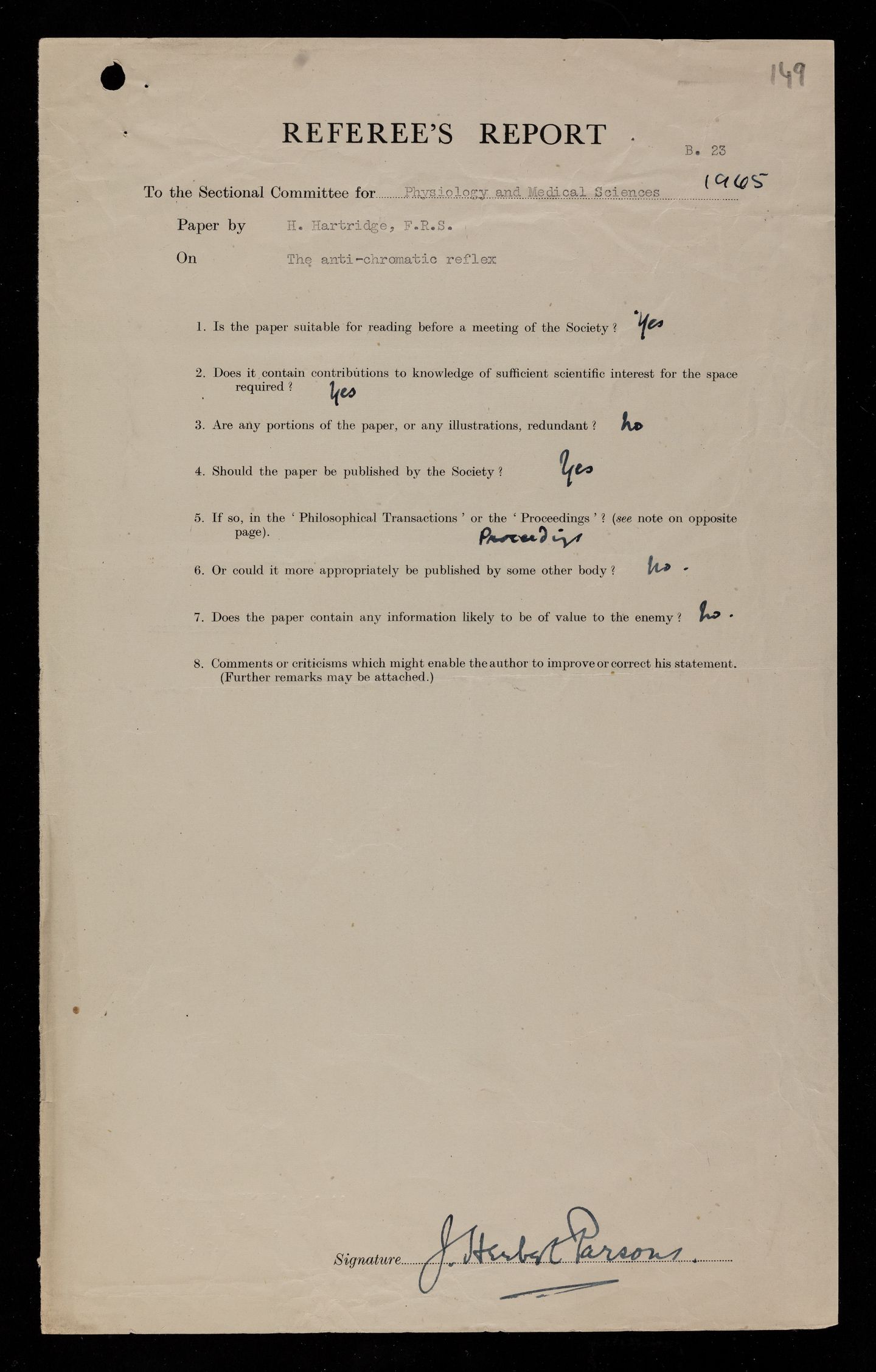 Referee's report by John Herbert Parsons, on a paper 'The anti-chromatic response, part I' by ...
