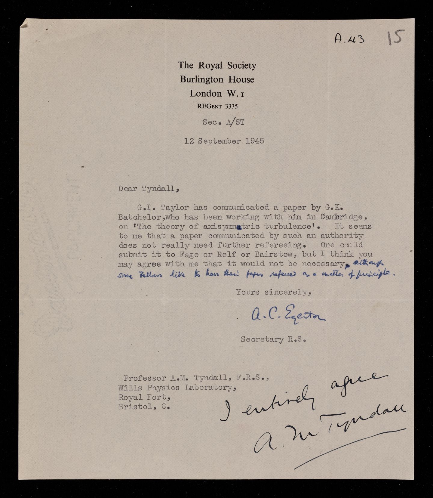 Letter from Alfred Charles Glyn Egerton, on a paper 'The theory of ...