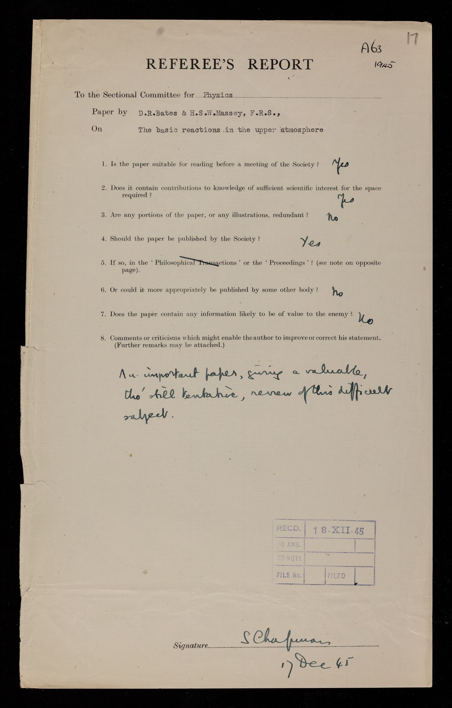 Referee's report by Sydney Chapman, on a paper 'The basic reactions in ...