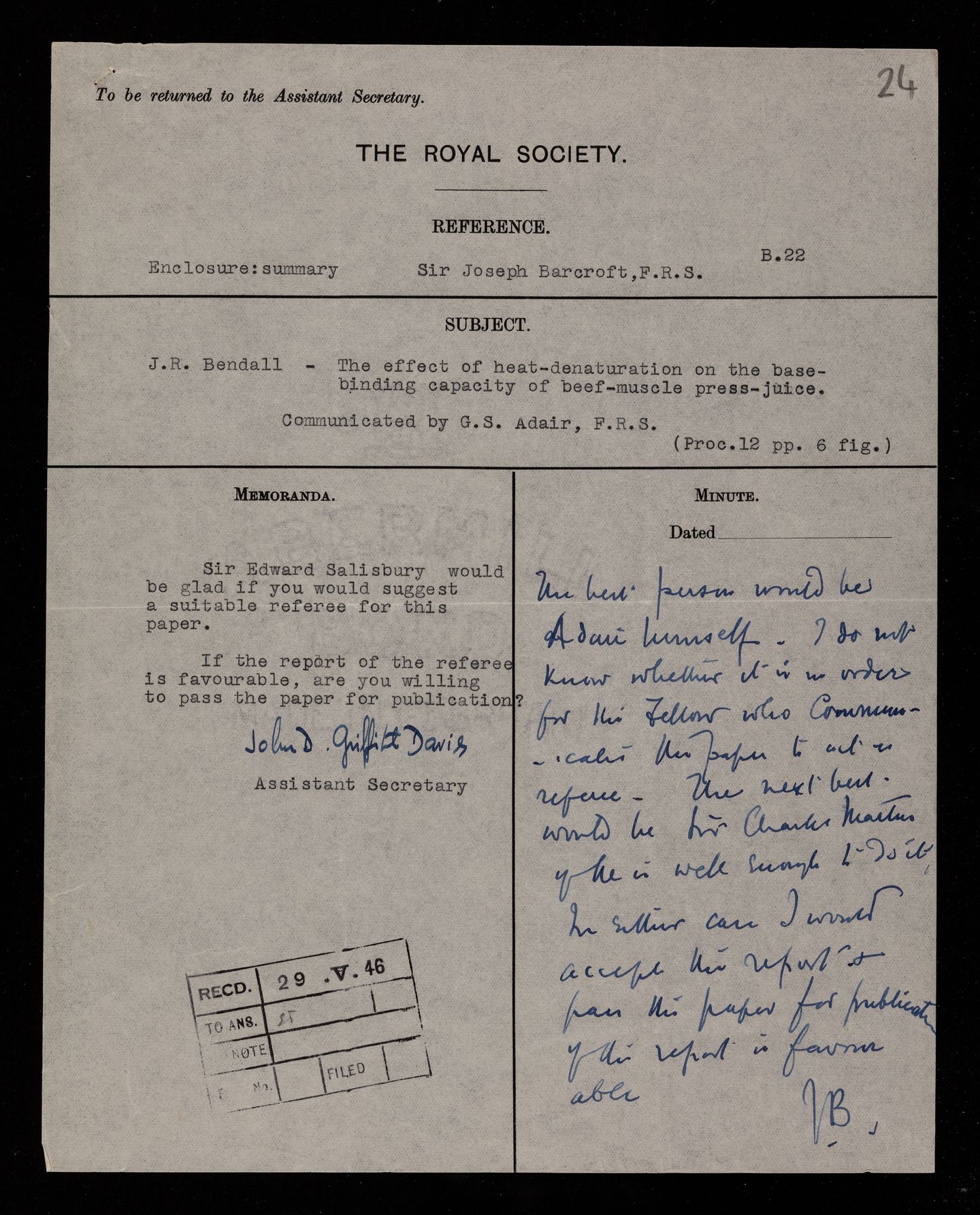 Memorandum from J D Griffith Davies, Assistant Secretary of the Royal ...