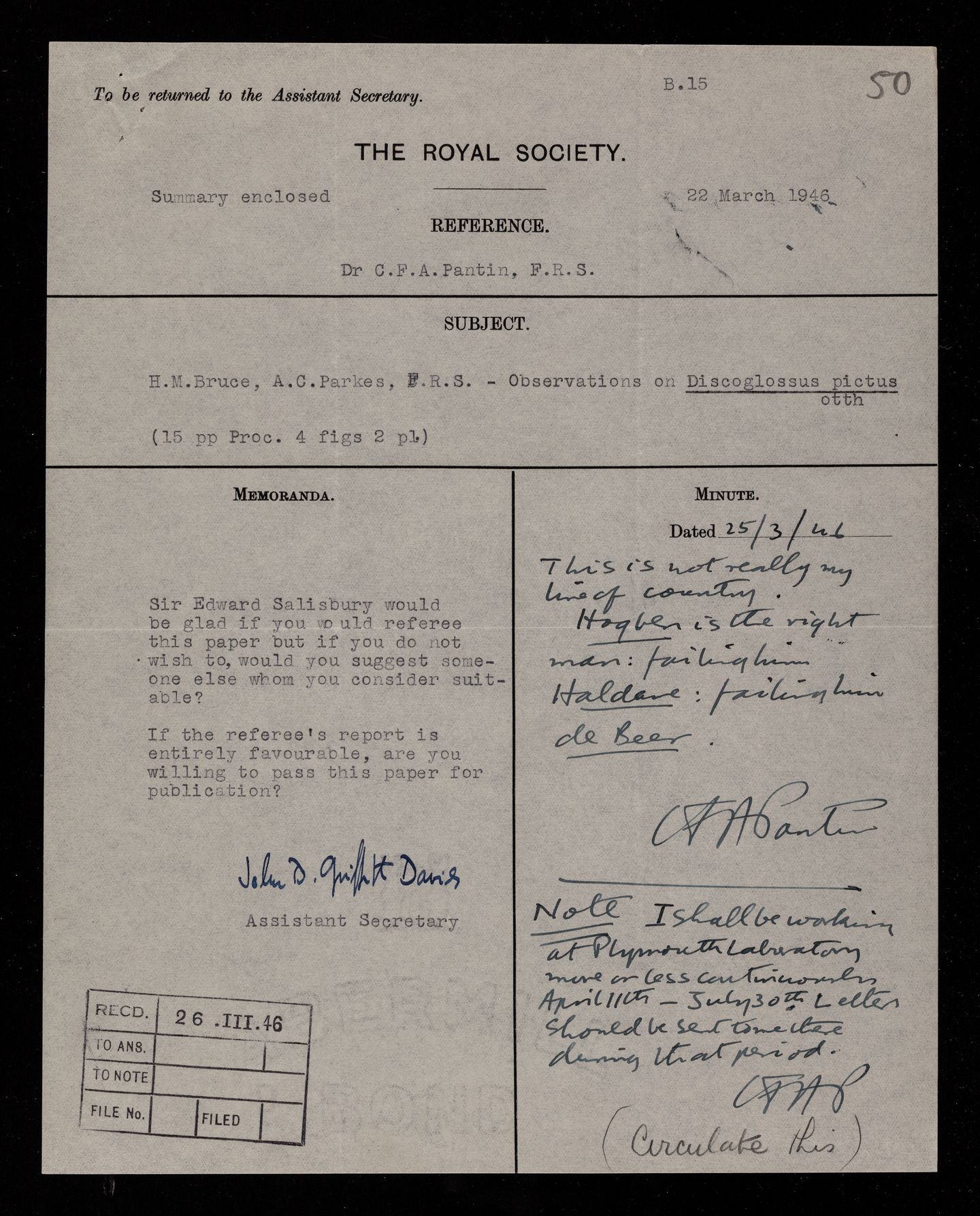 Memorandum from J D Griffith Davies, Assistant Secretary of the Royal ...