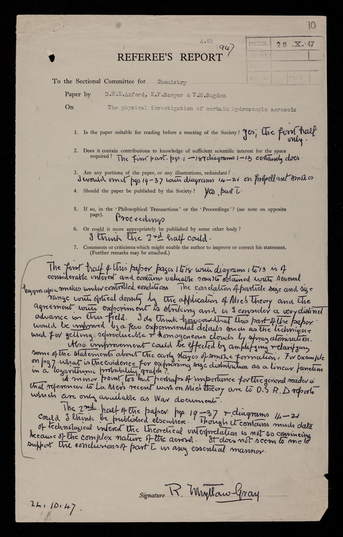 Referee's report by Robert Whytlaw-Gray, on a paper 'The physical ...