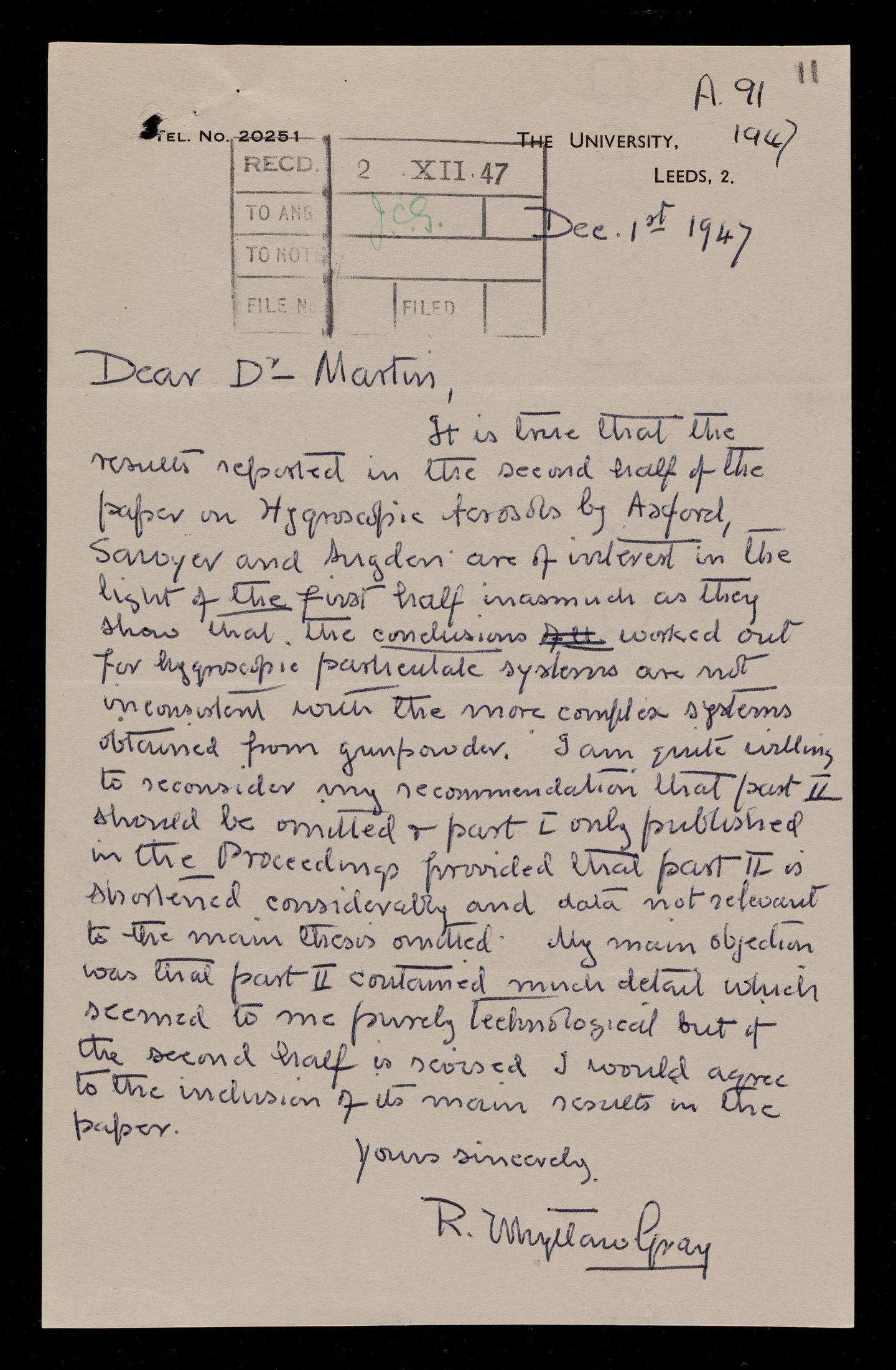 Letter from Robert Whytlaw-Gray, on a paper 'The physical investigation ...