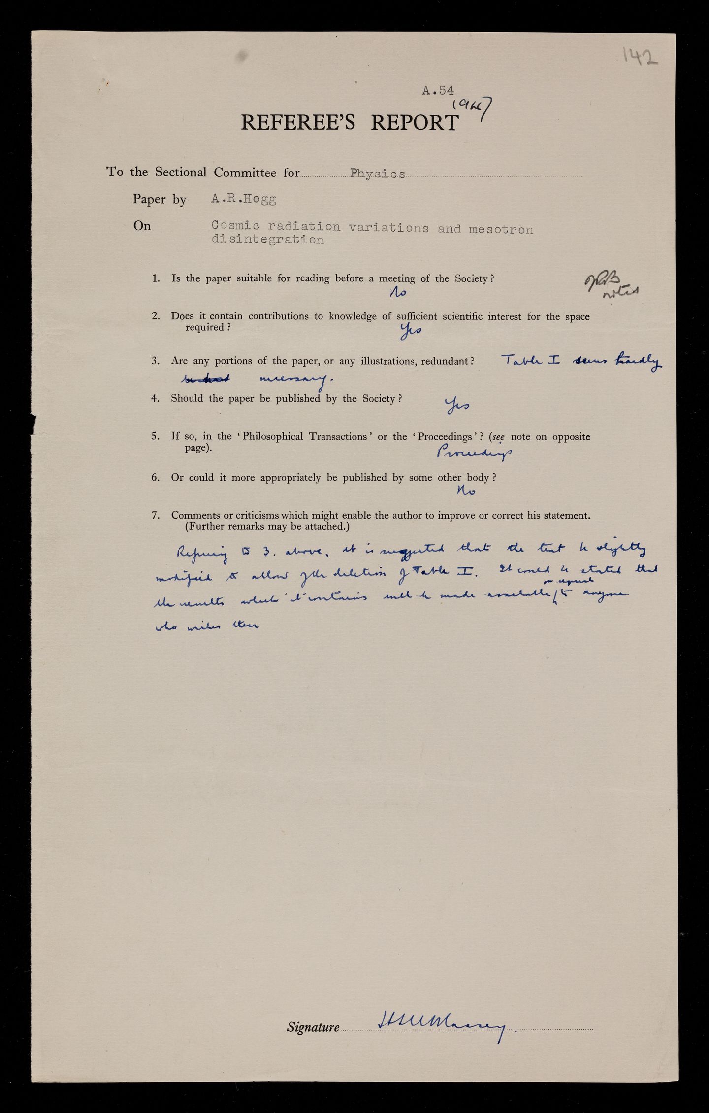 Referee's report by Harrie Stewart Wilson Massey, on a paper 'Cosmic ...