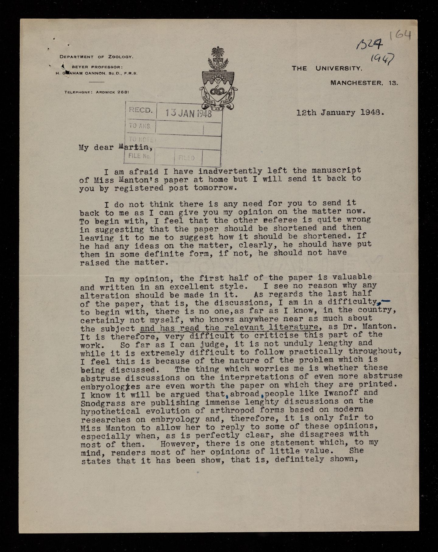 Letter from Herbert Graham Cannon, on a paper 'Studies on the Onychophora VII. The early ...