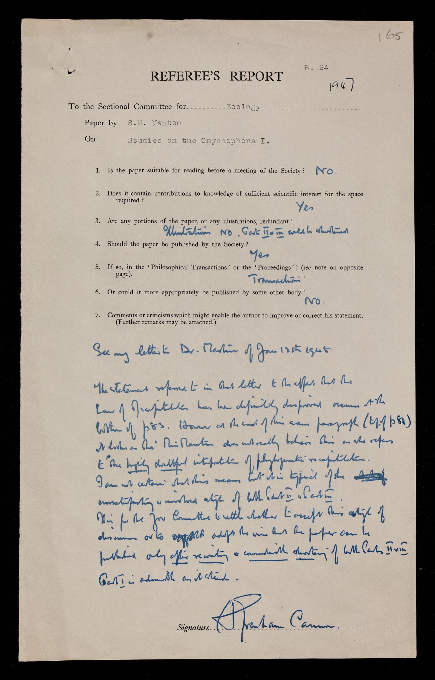 Referee's report by Herbert Graham Cannon, on a paper 'Studies on the Onychophora VII. The early ...