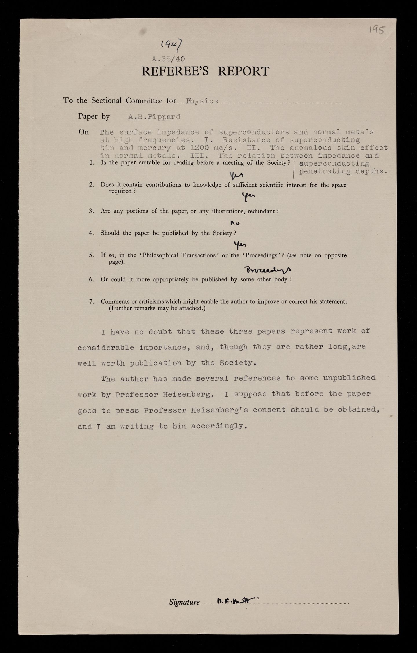 Referee's report by Nevill Francis Mott, on three papers 'The surface ...