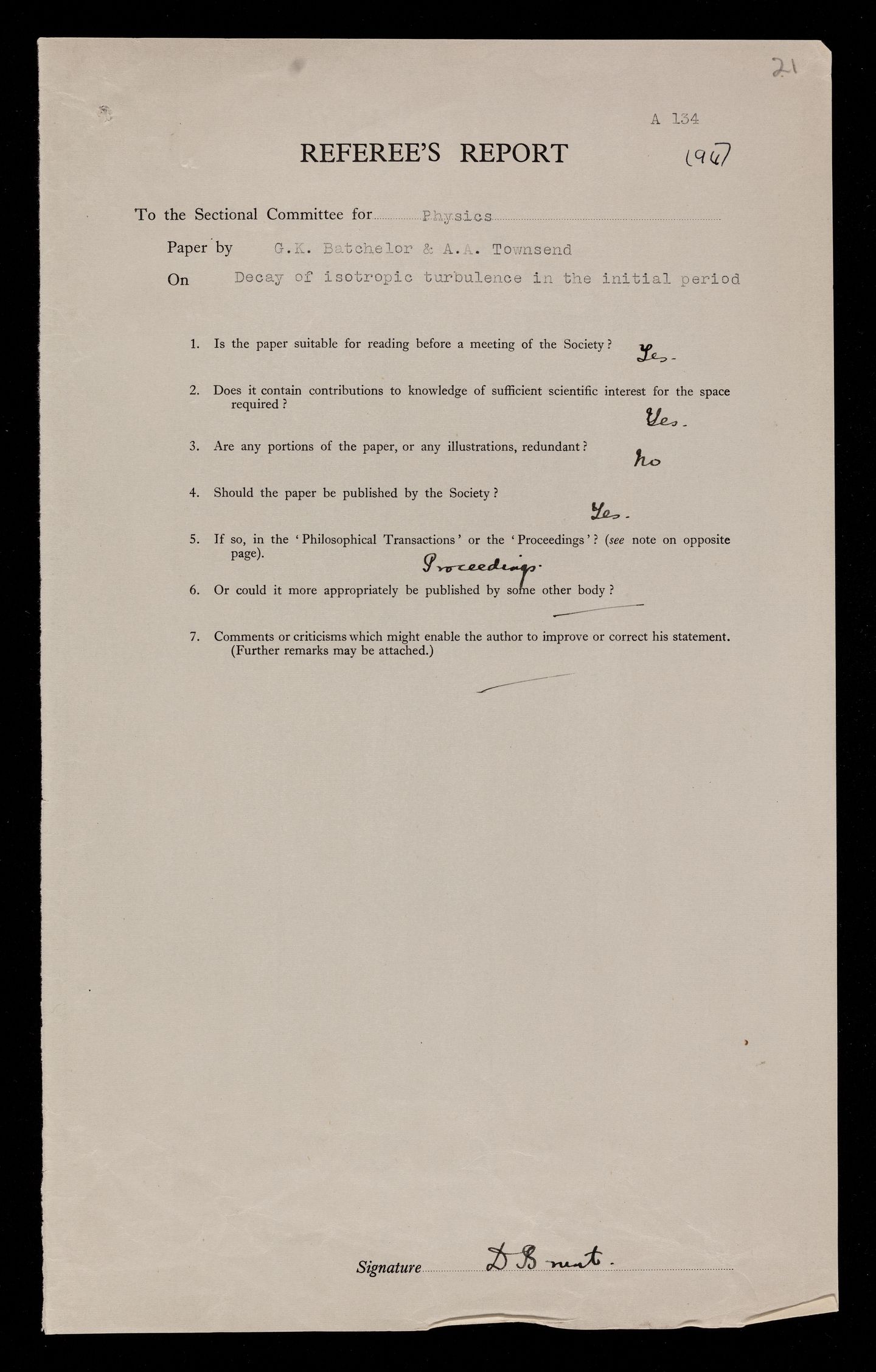 Referee's report by David Brunt, on a paper 'Decay of isotropic ...