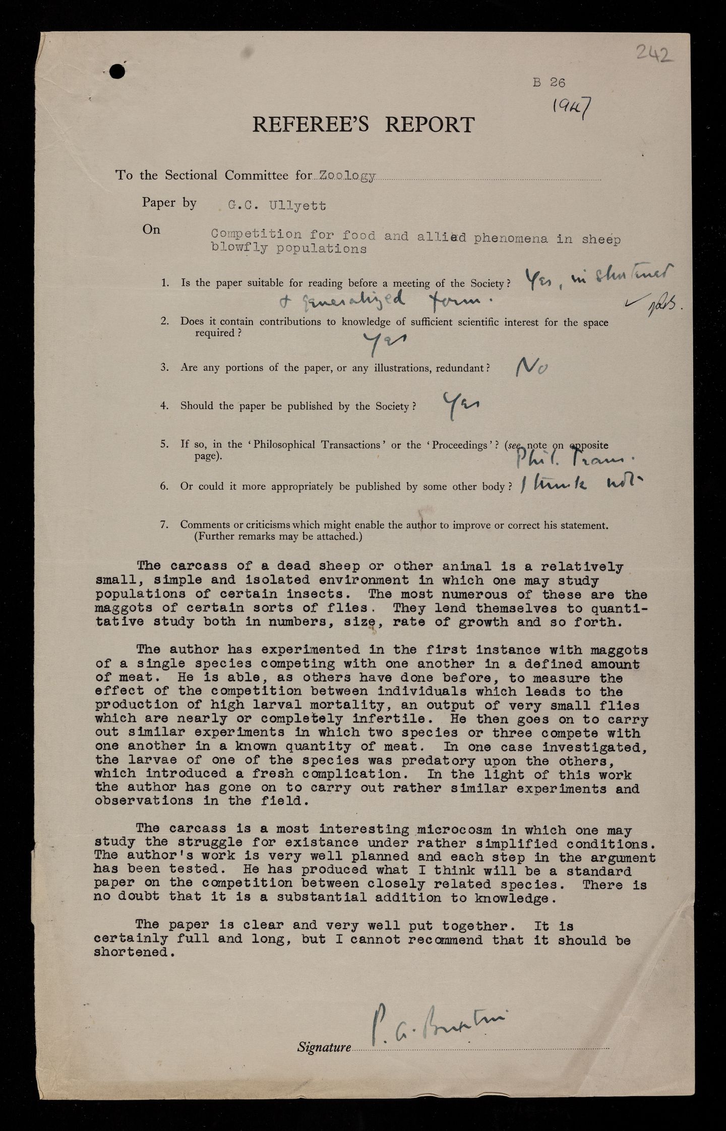 Referee's report by Patrick Alfred Buxton, on a paper 'Competition for ...