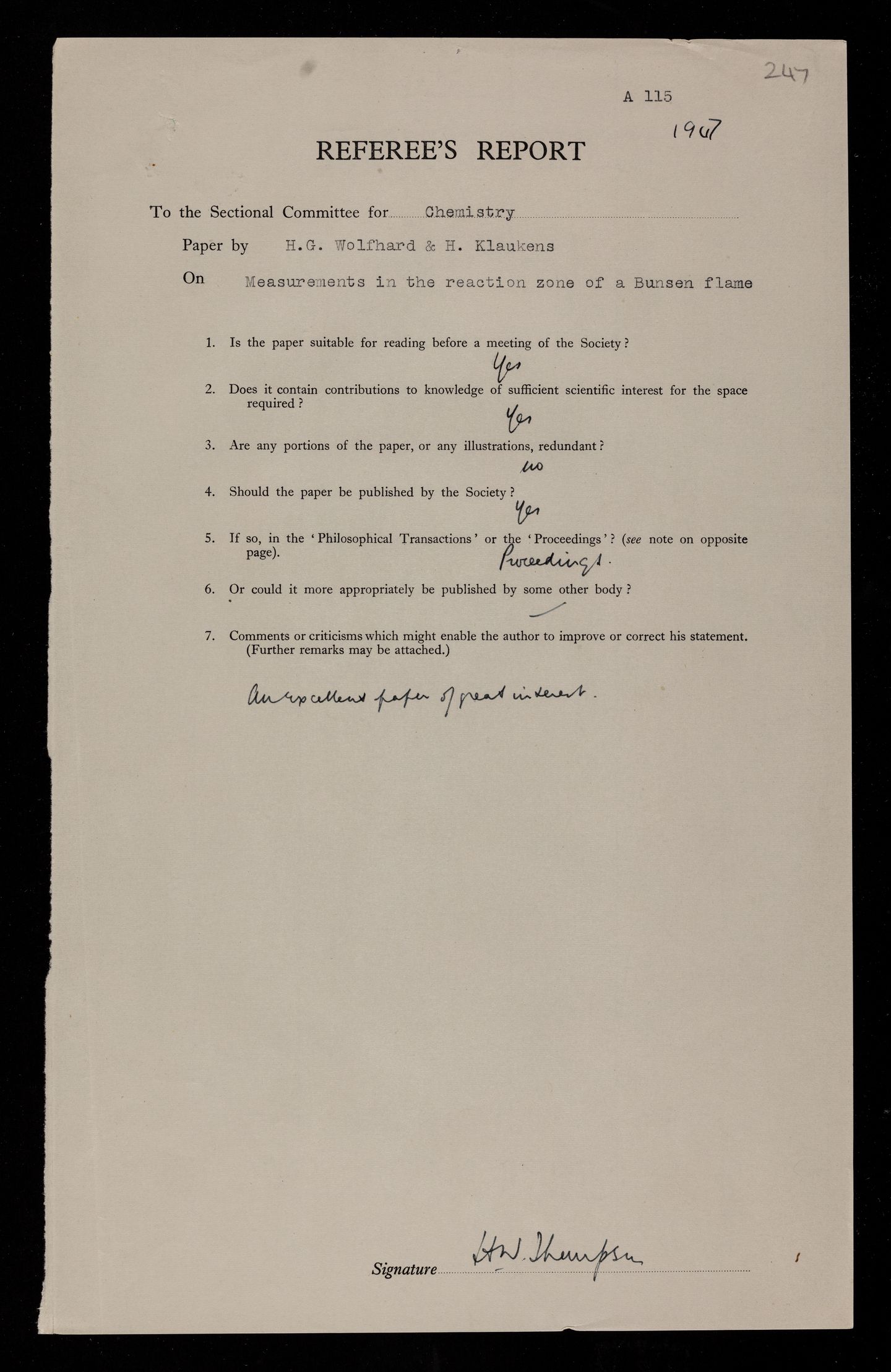 Referee's report by Harold Warris Thompson, on a paper 'Measurements in ...
