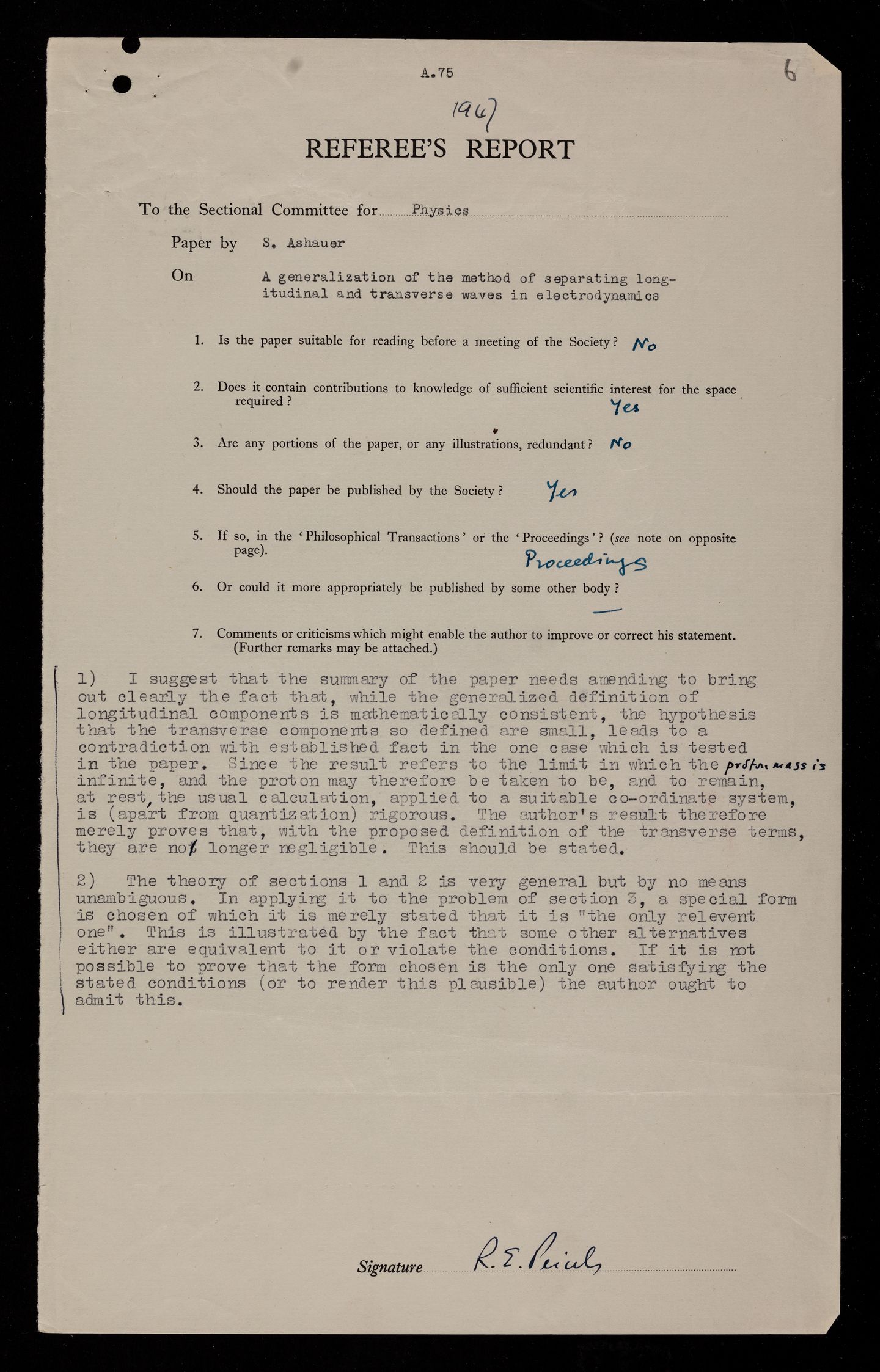 Referee's report by Rudolf Ernst Peierls, on a paper 'A generalization ...