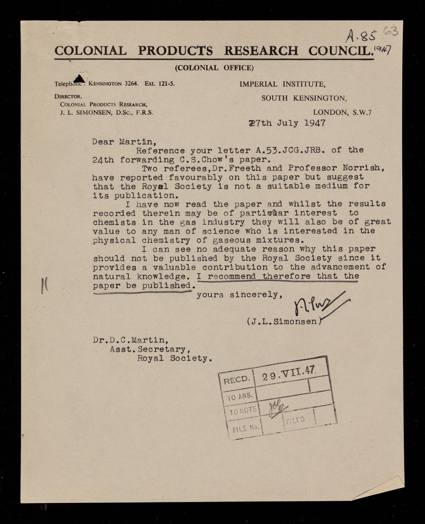 Letter from John Lionel Simonsen, 'Phase equilibria for a complex ...