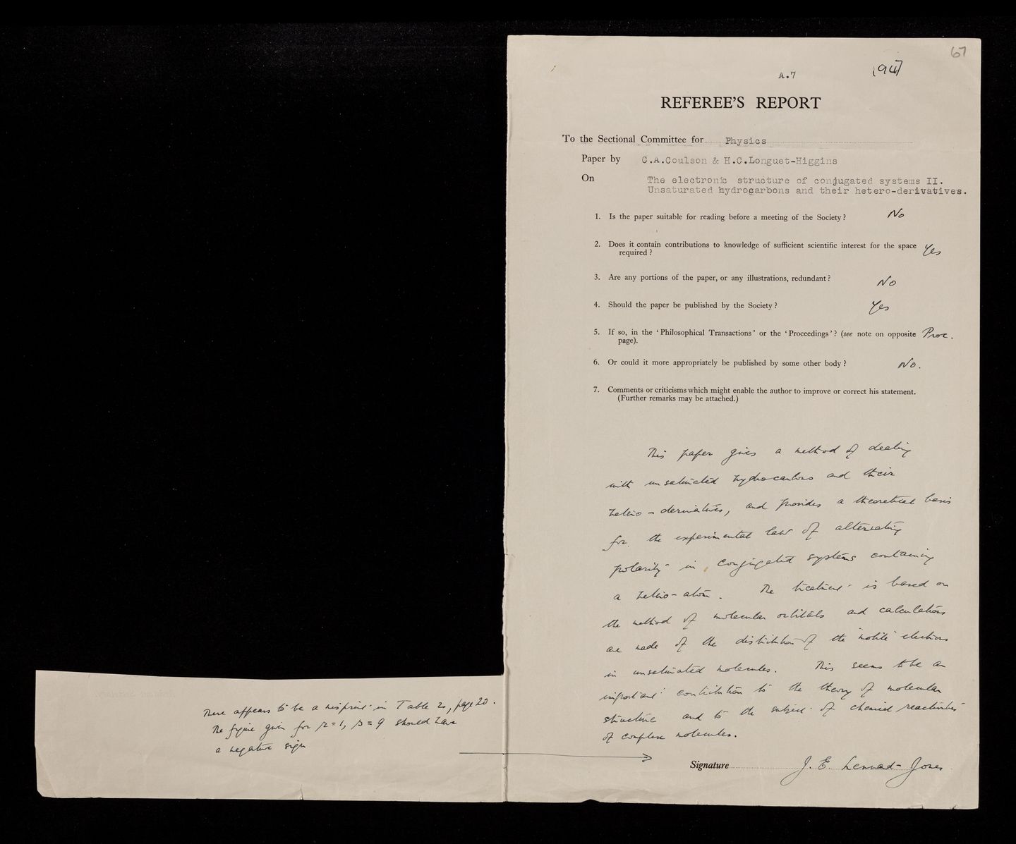 Referee's report by John Edward Lennard-Jones, on a paper 'The electronic structure of ...
