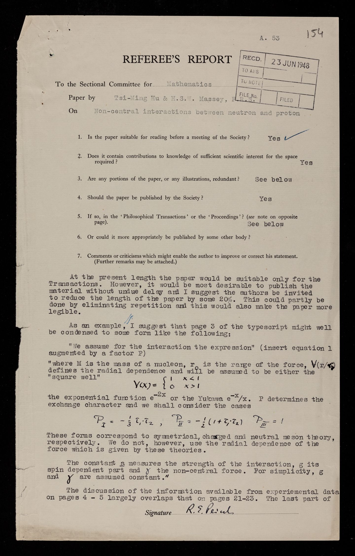 Referee's report by Rudolf Ernst Peierls, on a paper 'Non-central ...