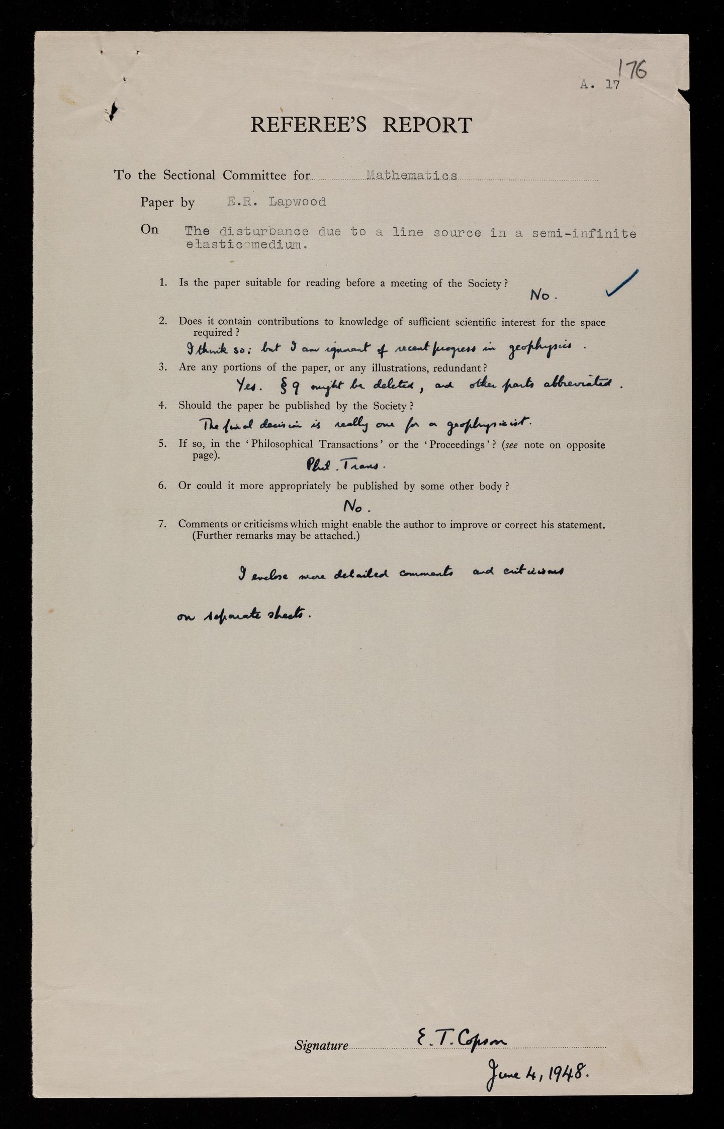 Referee's report by Edward Thomas Copson, on a paper 'The disturbance ...