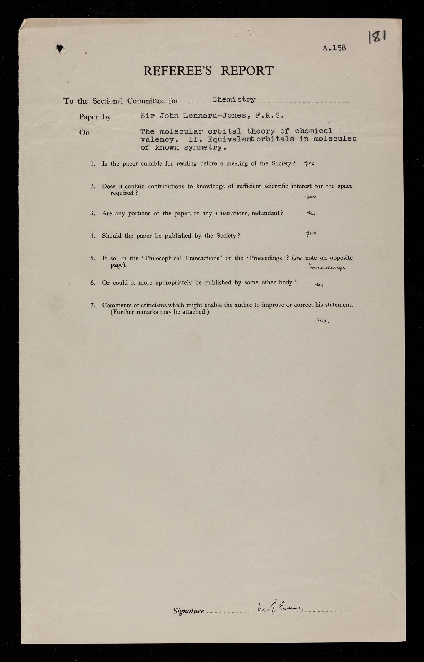 Referee's report by Meredith Gwynne Evans, on a paper 'The molecular orbital theory of chemical ...
