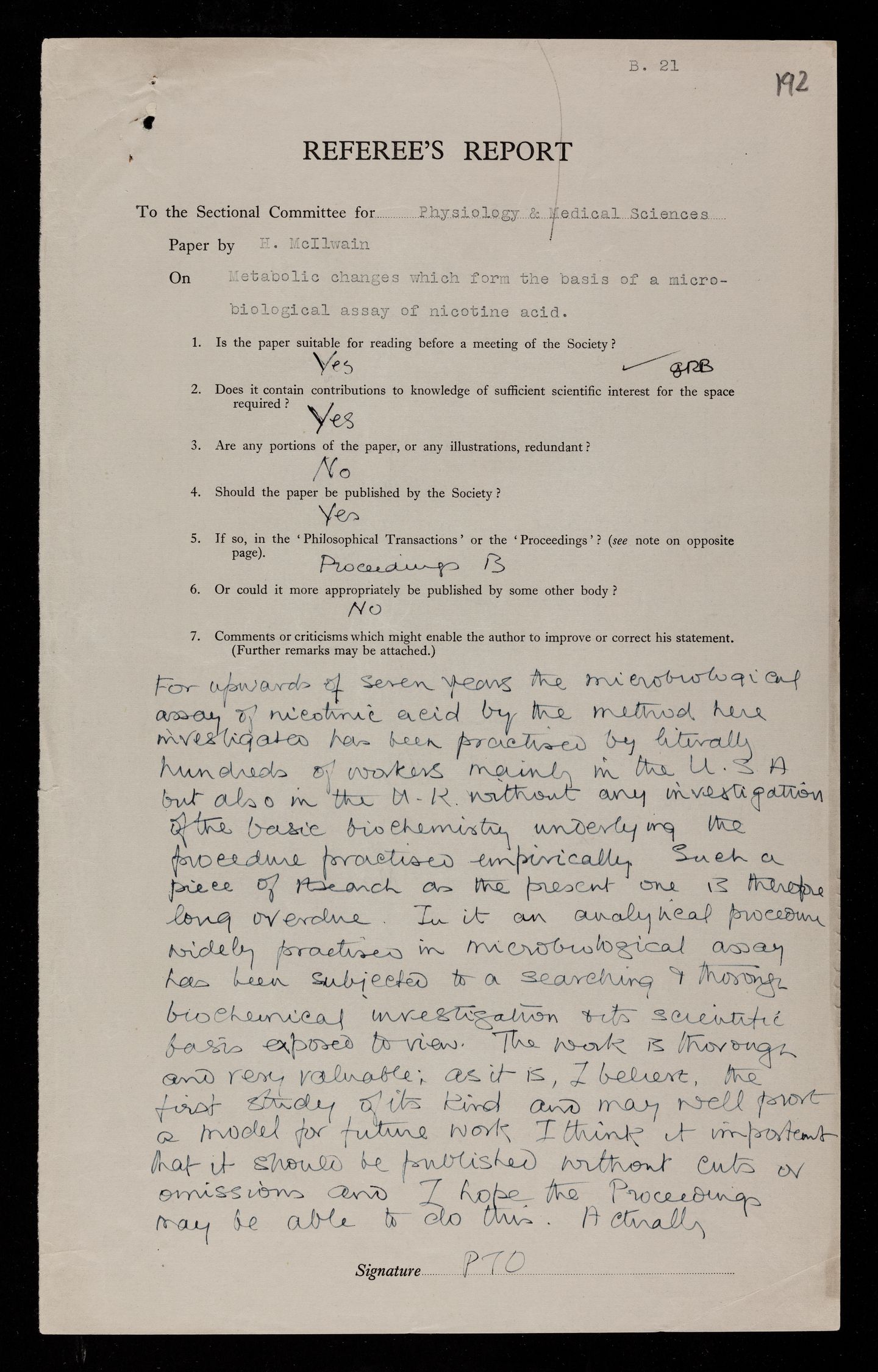 Referee's report by Marjory Stephenson, on a paper 'Metabolic changes ...