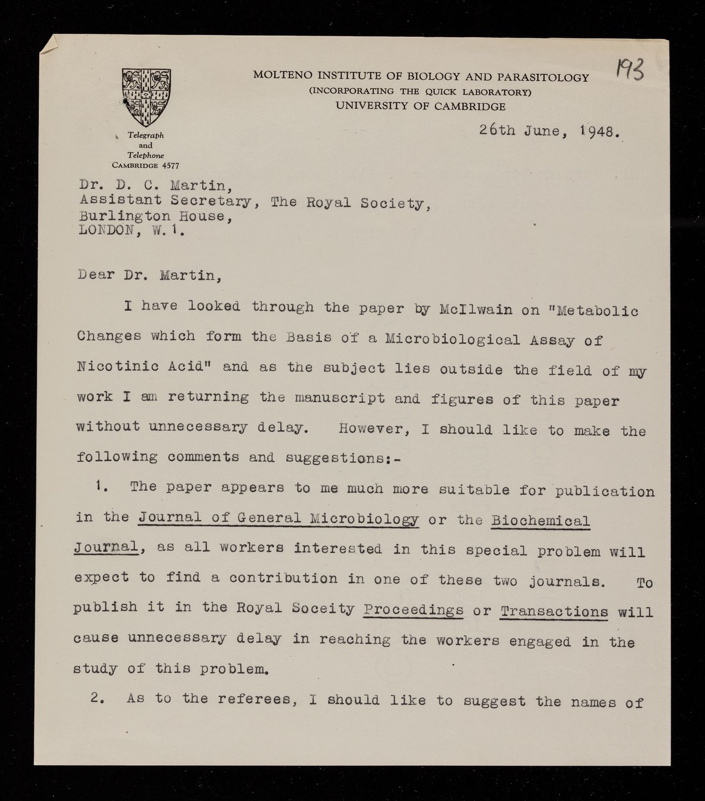 Referee's report by David Keilin, on a paper 'Metabolic changes which ...