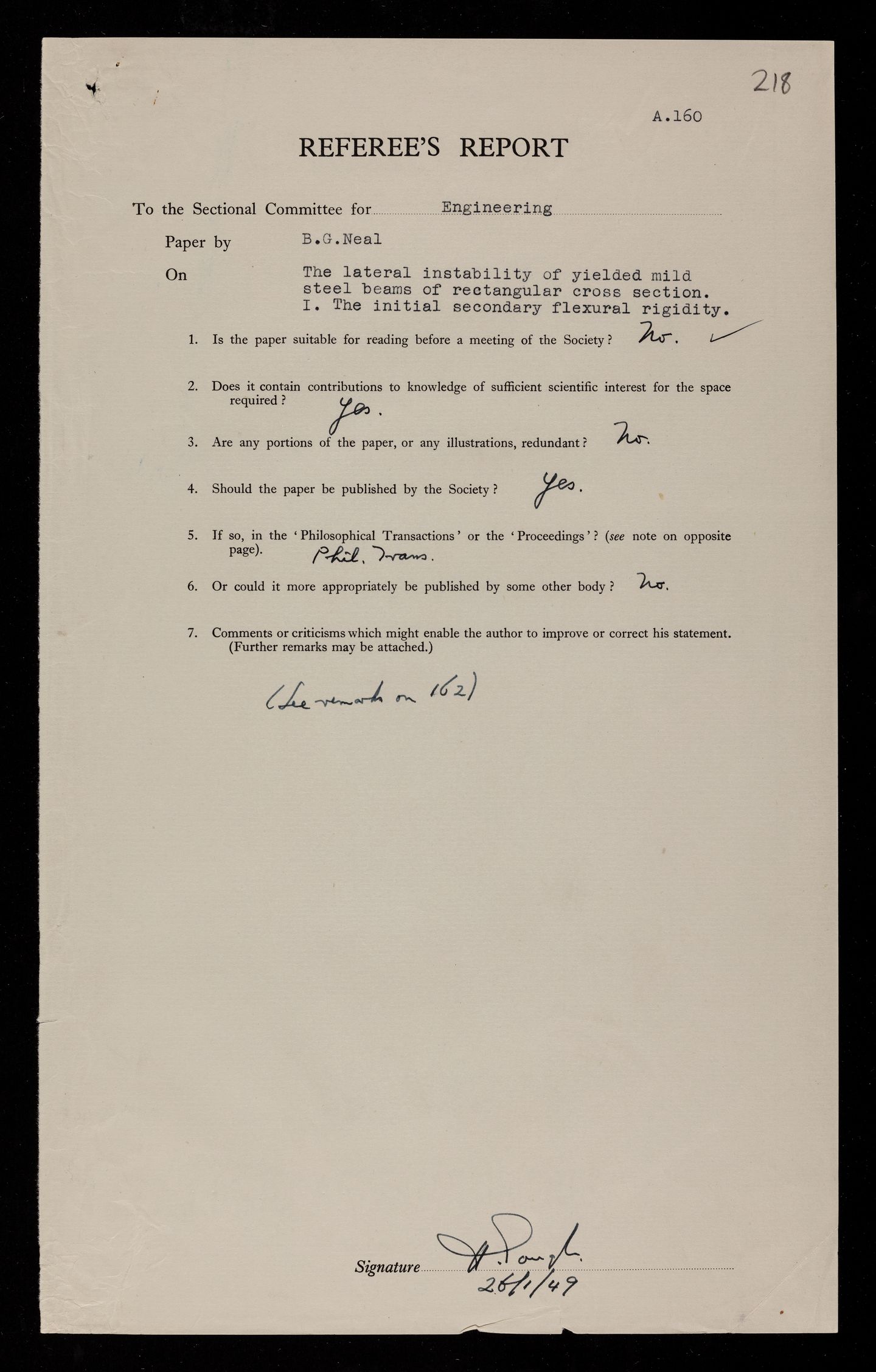 Referee's report by Herbert John Gough, on a paper 'The lateral instability of yielded mild ...