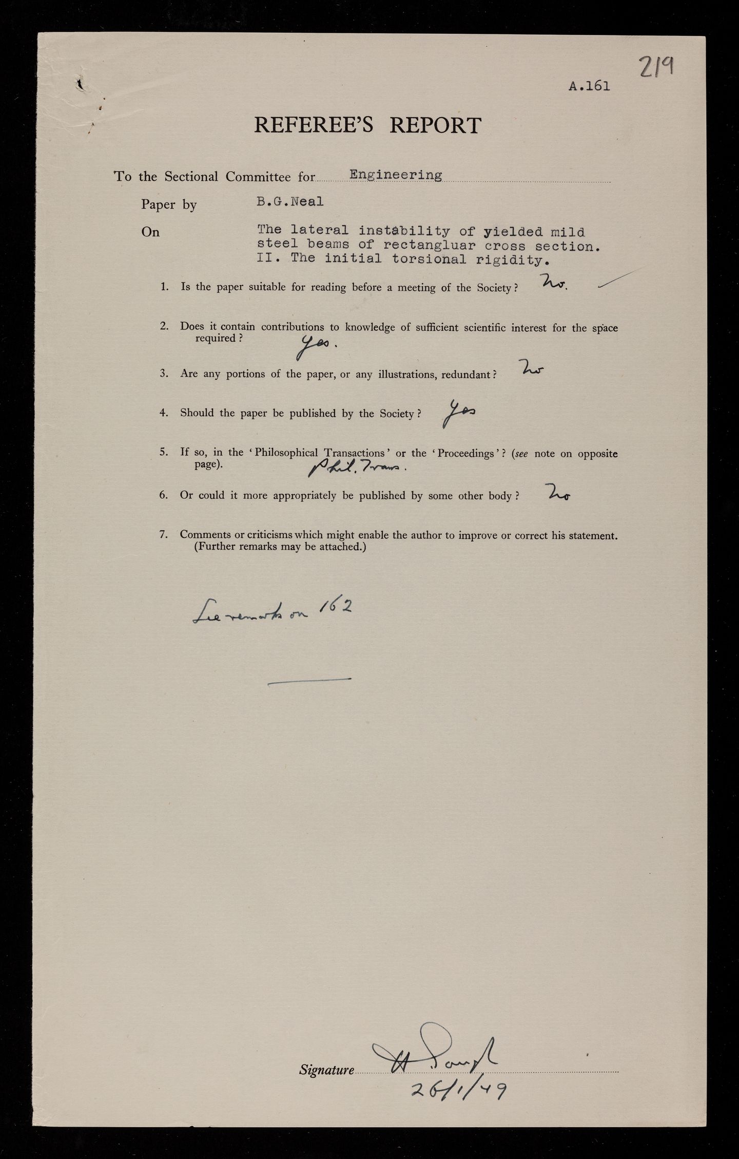 Referee's report by Herbert John Gough, on a paper 'The lateral instability of yielded mild ...