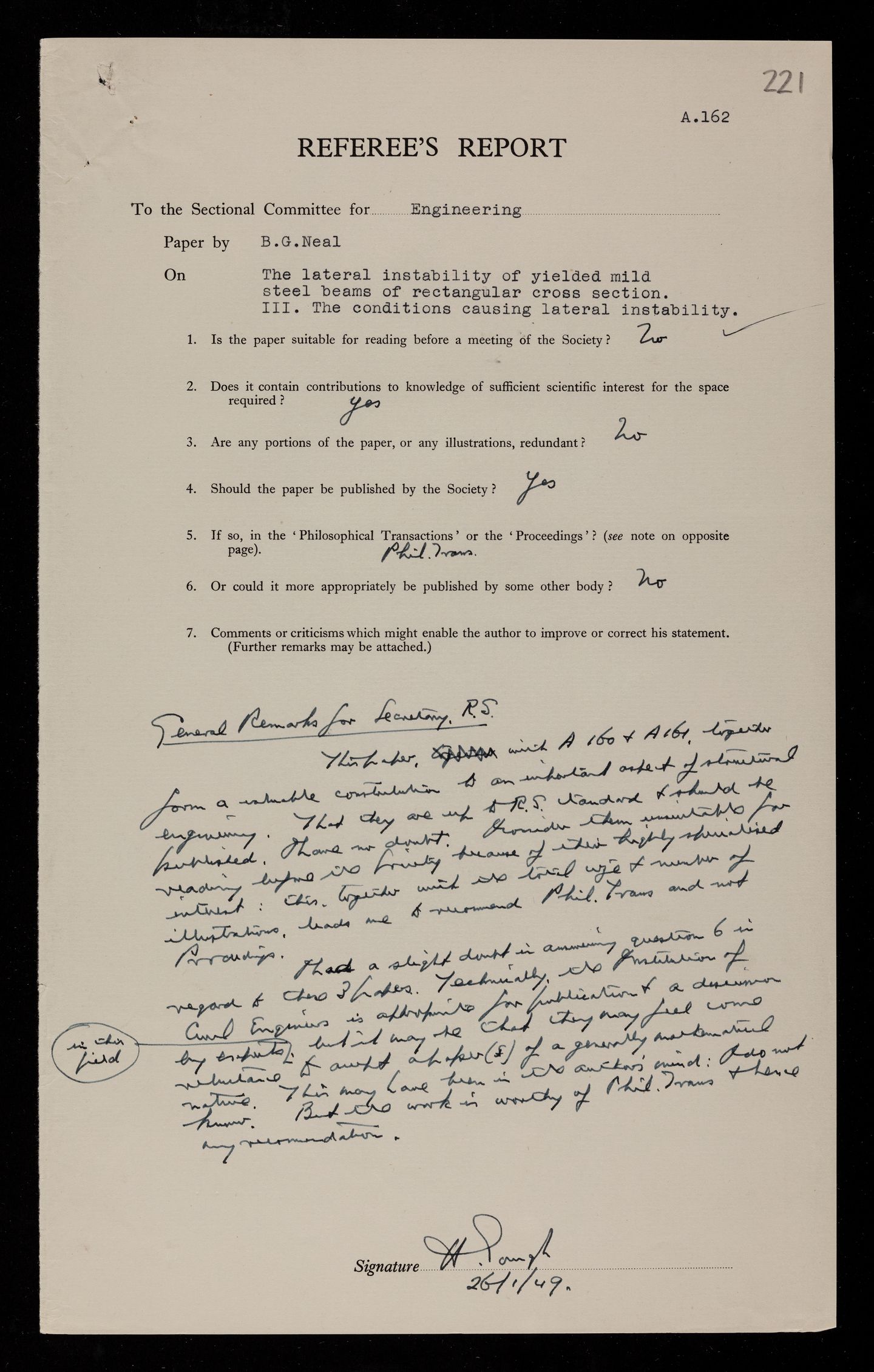 Referee's report by Herbert John Gough, on a paper 'The lateral instability of yielded mild ...