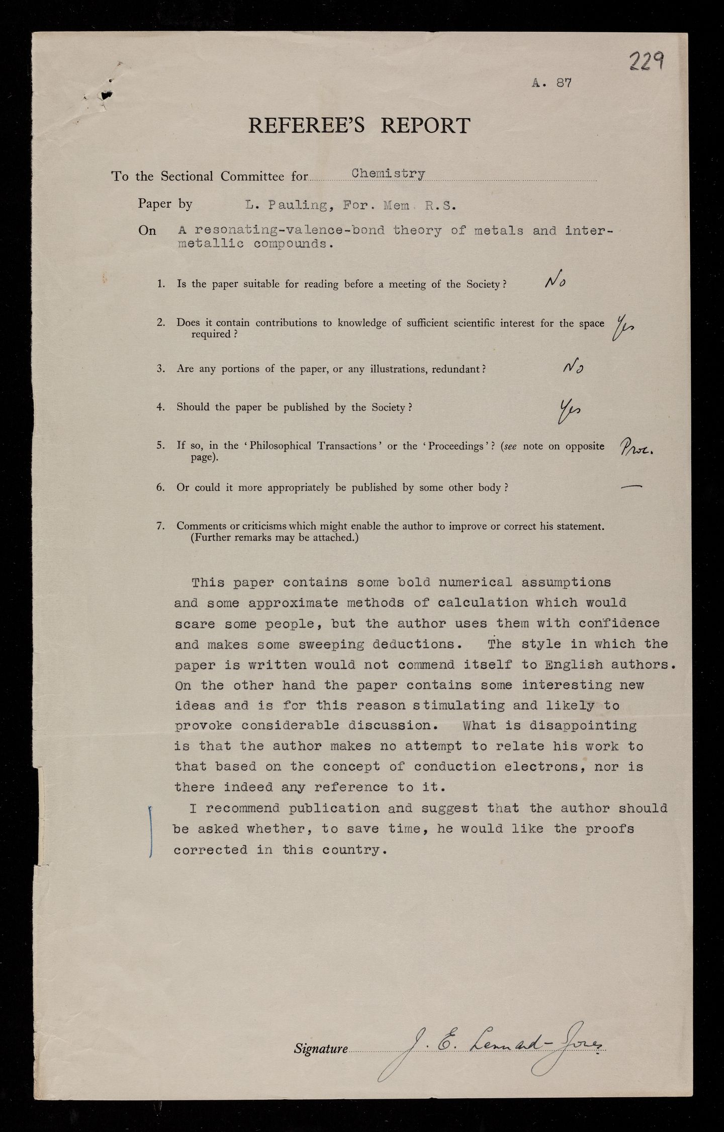 Referee's report by John Edward Lennard-Jones, on a paper 'A resonating-valence-bond theory of ...