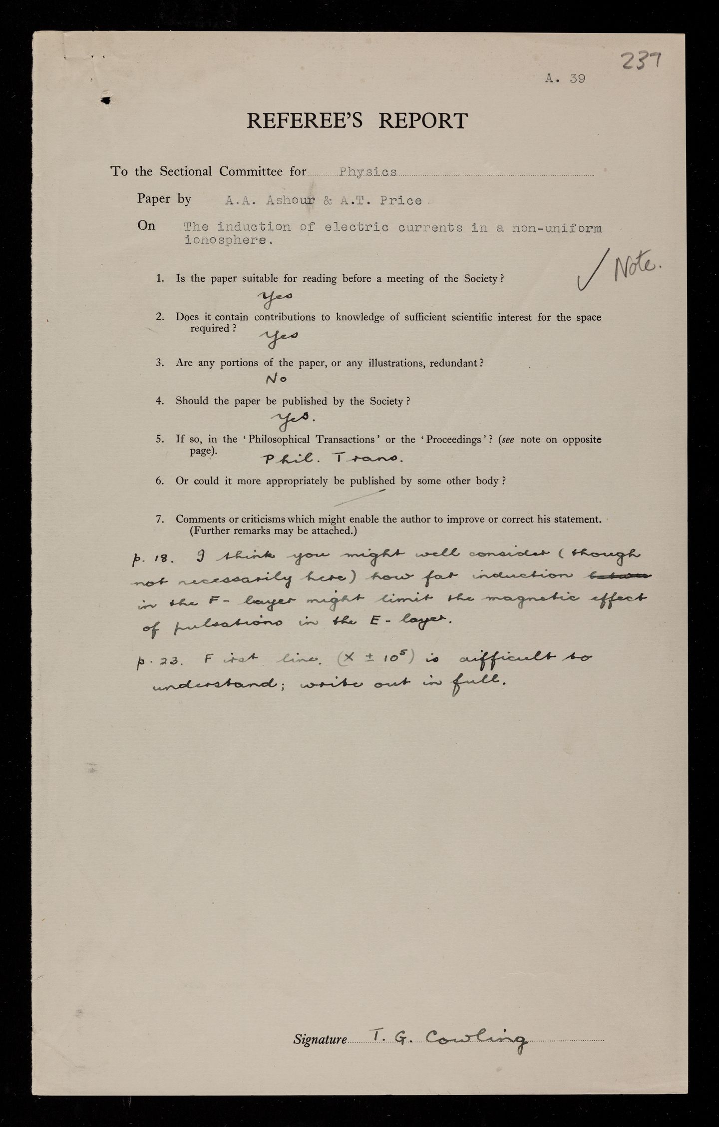 Referee's report by Thomas George Cowling, on a paper 'The induction of ...