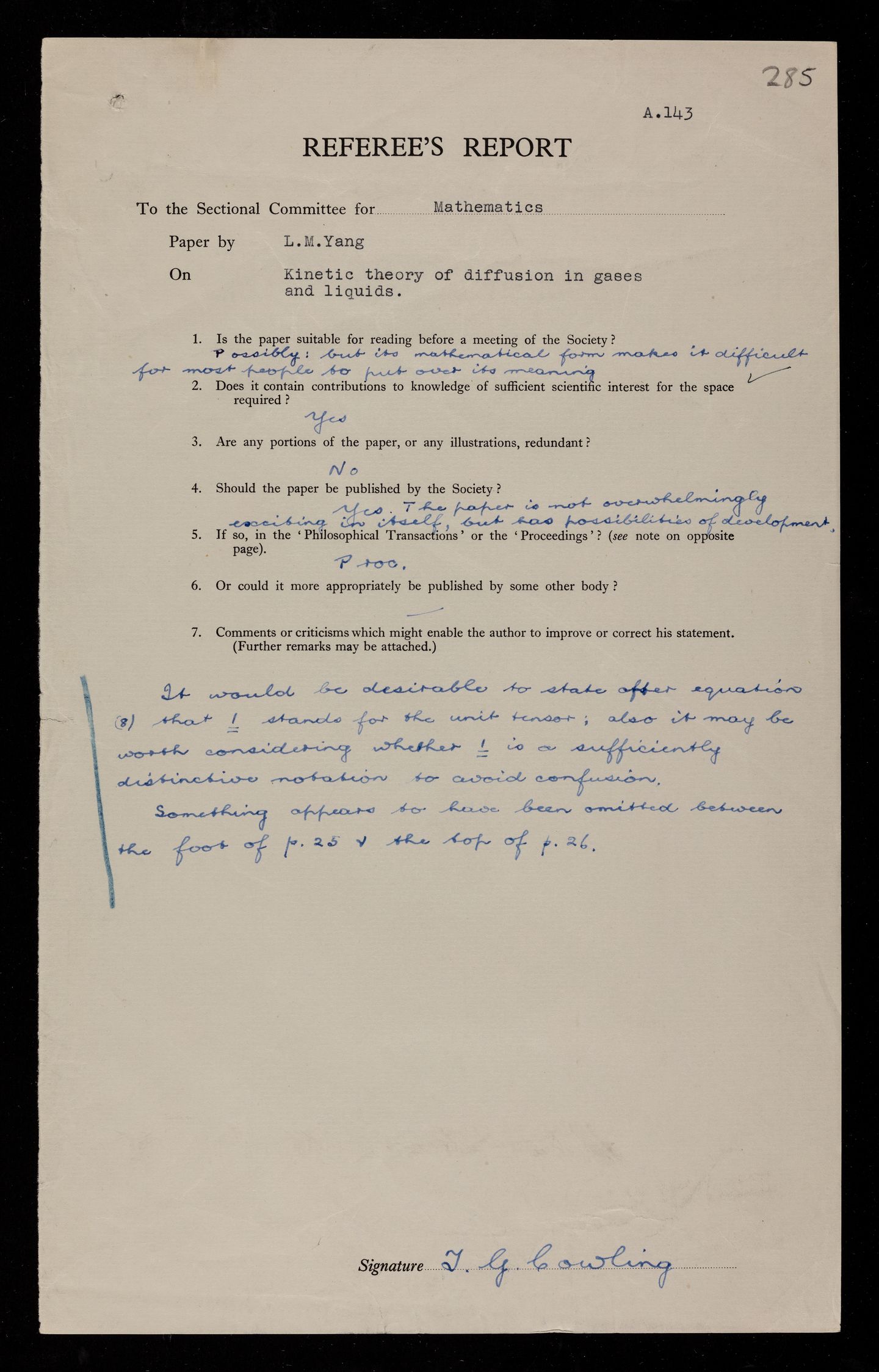 Referee's report by Thomas George Cowling, on a paper 'Kinetic theory ...